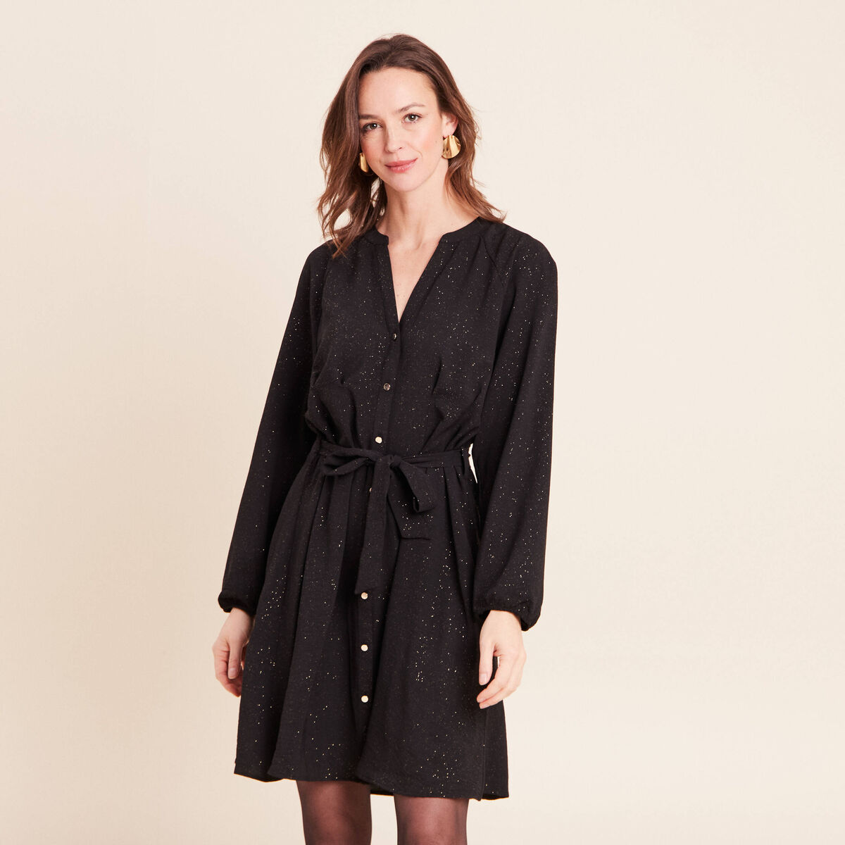 Robe courte col tunisien à paillettes noir femme | Bréal