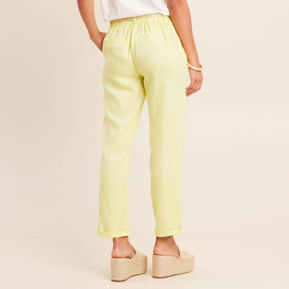 Pantalon coupe chino en lin ceinturé jaune clair femme | Bréal