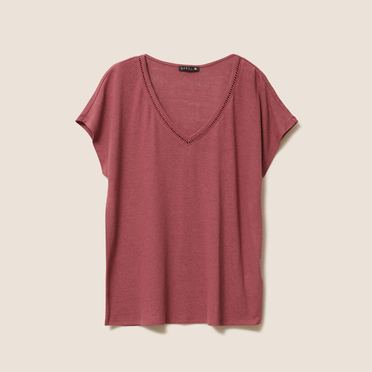 T-shirt col v manches courtes aspect lin vieux rose femme | Bréal