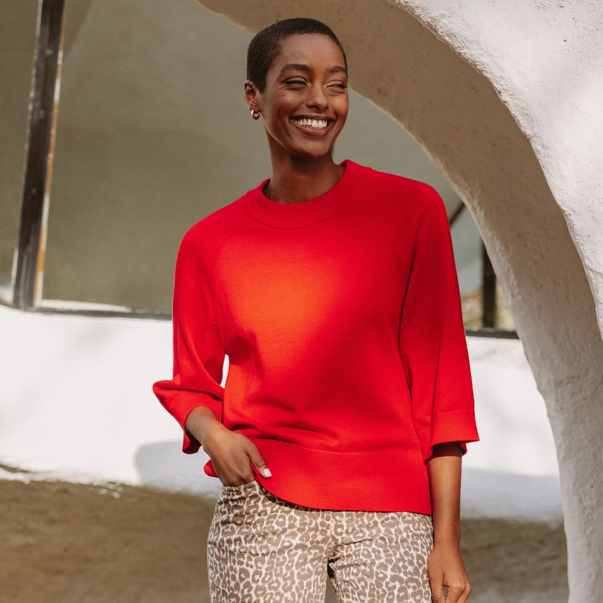 Pull fin col rond manches coudes rouge fluo femme | Bréal