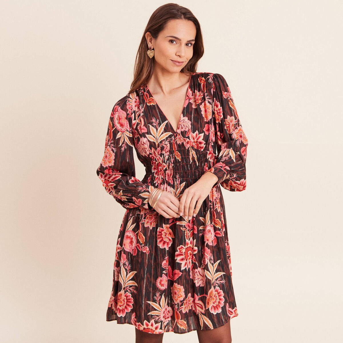 Robe courte évasée col v manches longues marron femme | Bréal