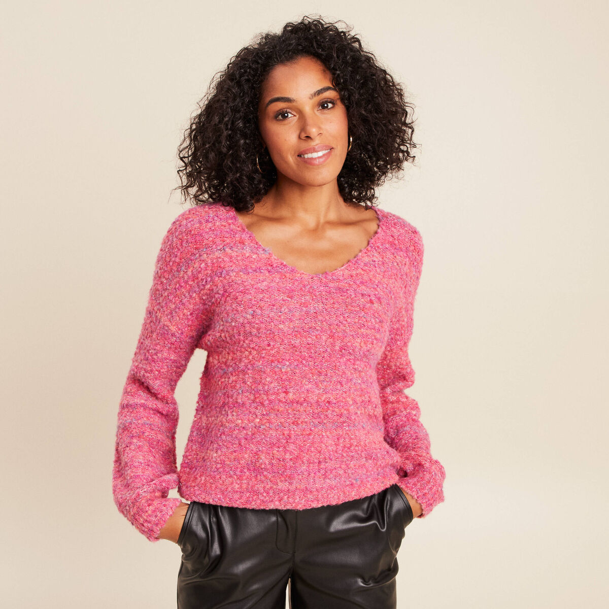 Pull col v manches longues rose fushia femme | Bréal