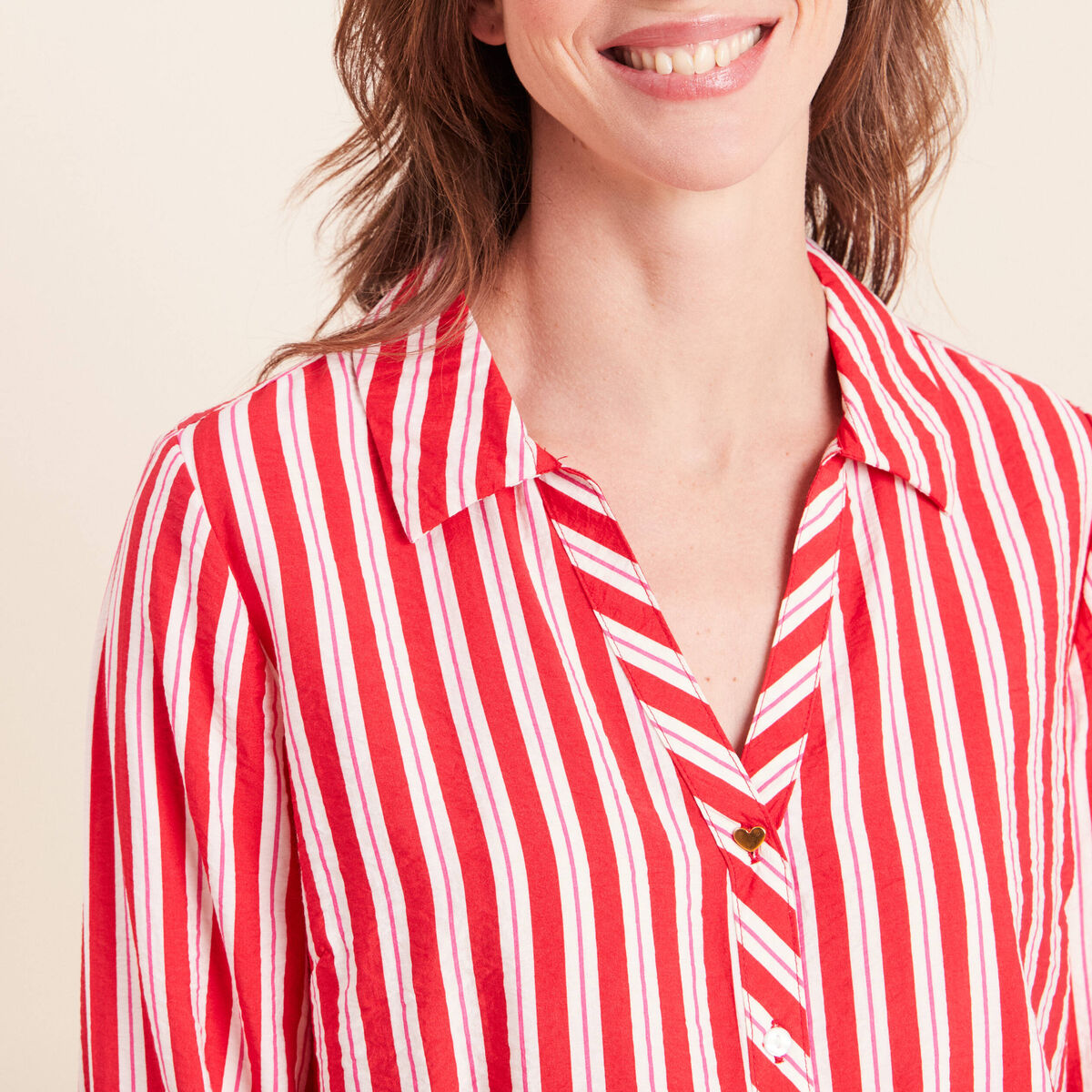 Chemise droite longue fluide col chemise rouge femme | Bréal