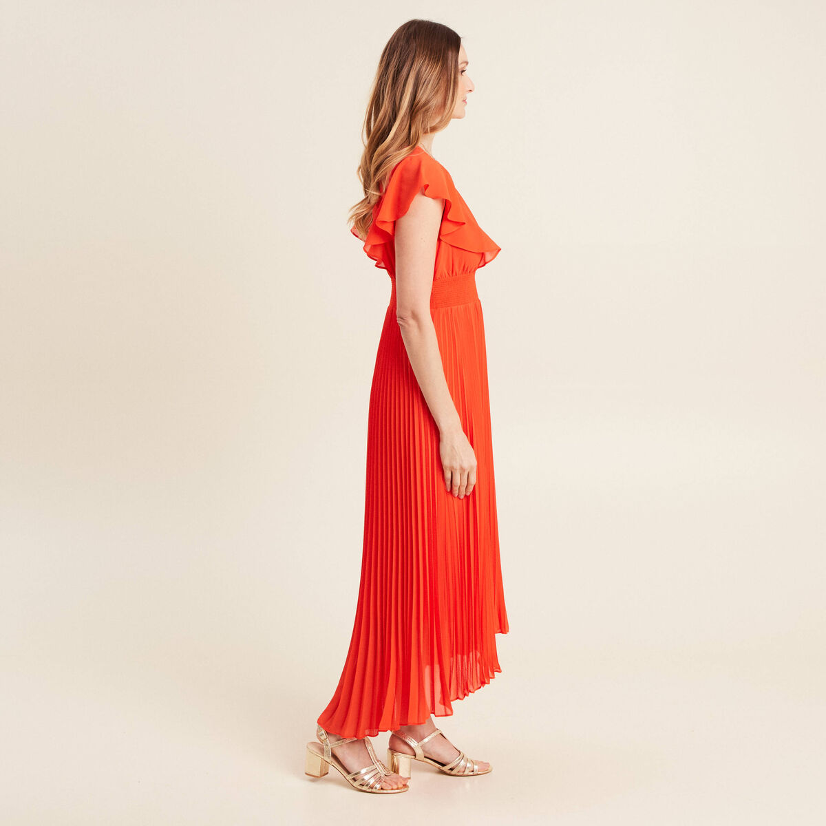 Robe longue évasée à volants orange foncé femme | Bréal