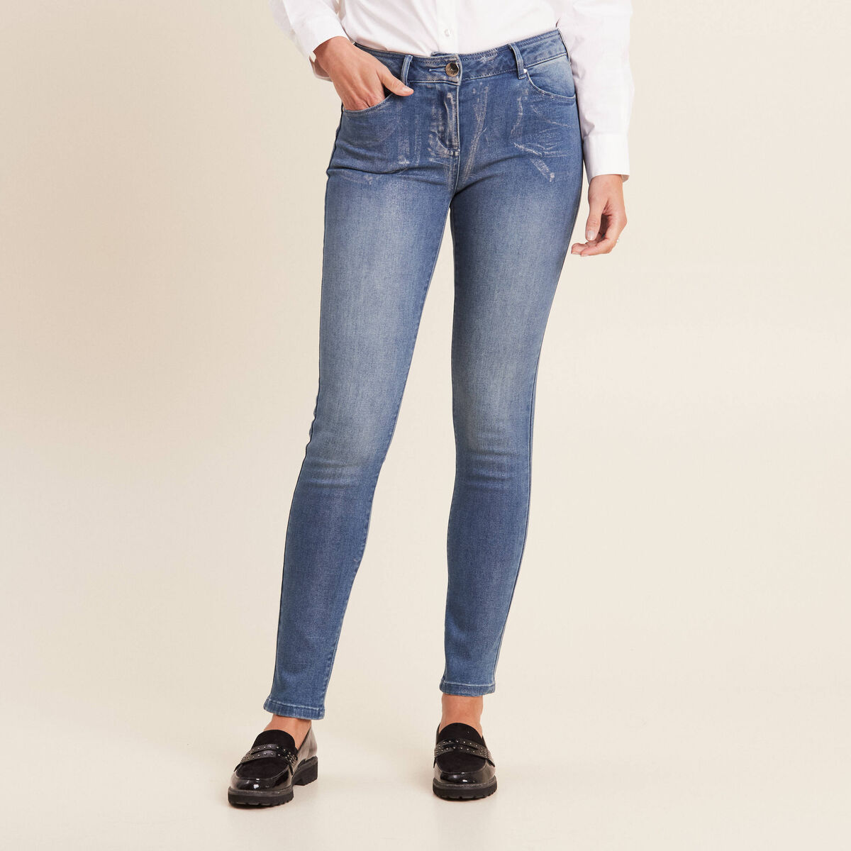 Jean ajusté taille basse denim stone femme | Bréal