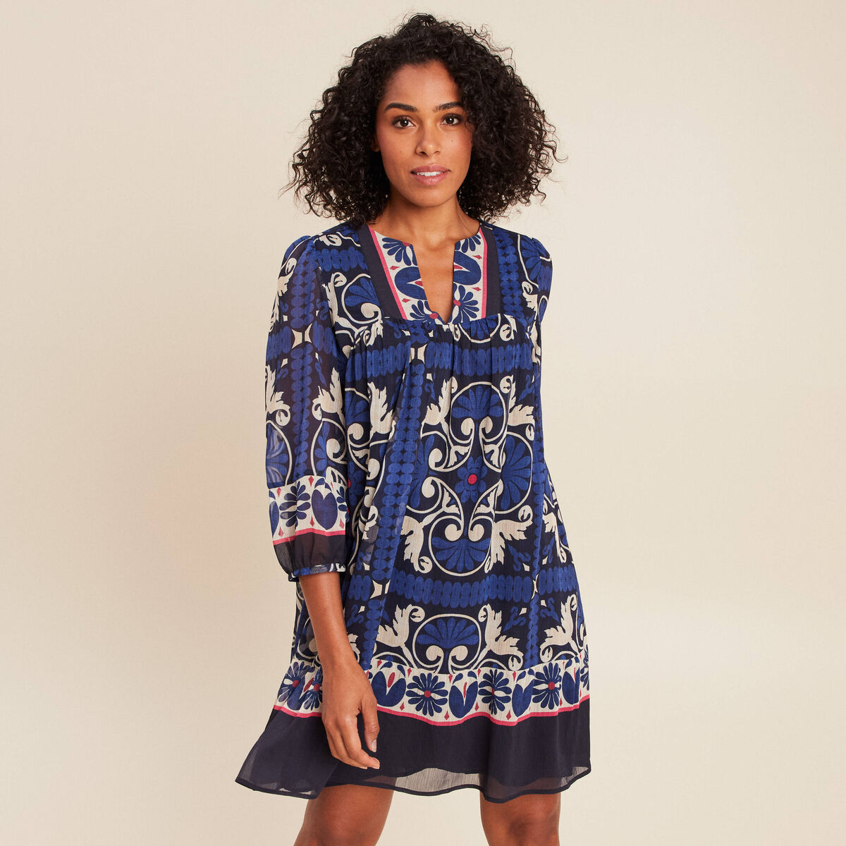 Robe courte évasée col tunisien bleu femme | Bréal