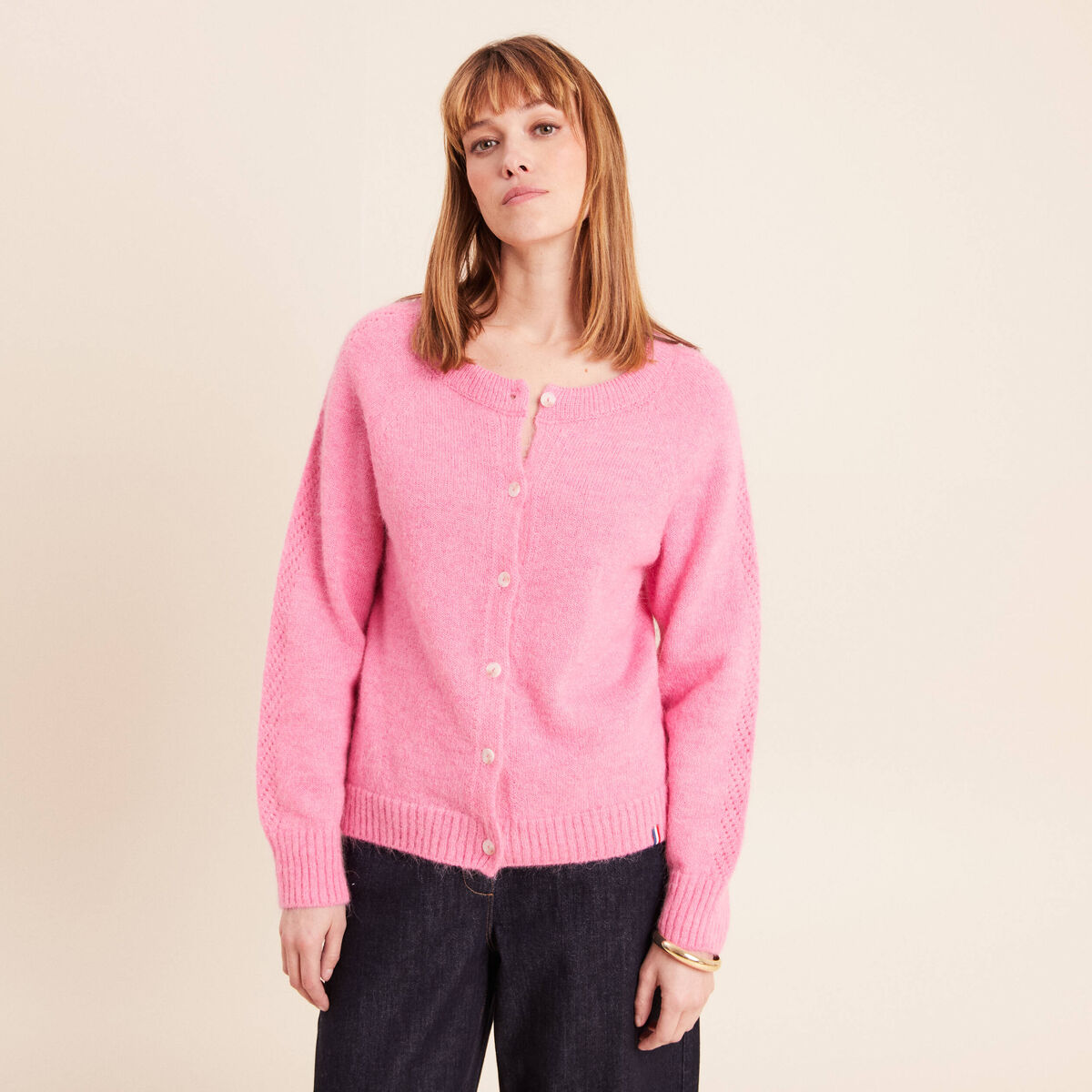 Gilet manches longues col rond rose fushia femme | Bréal