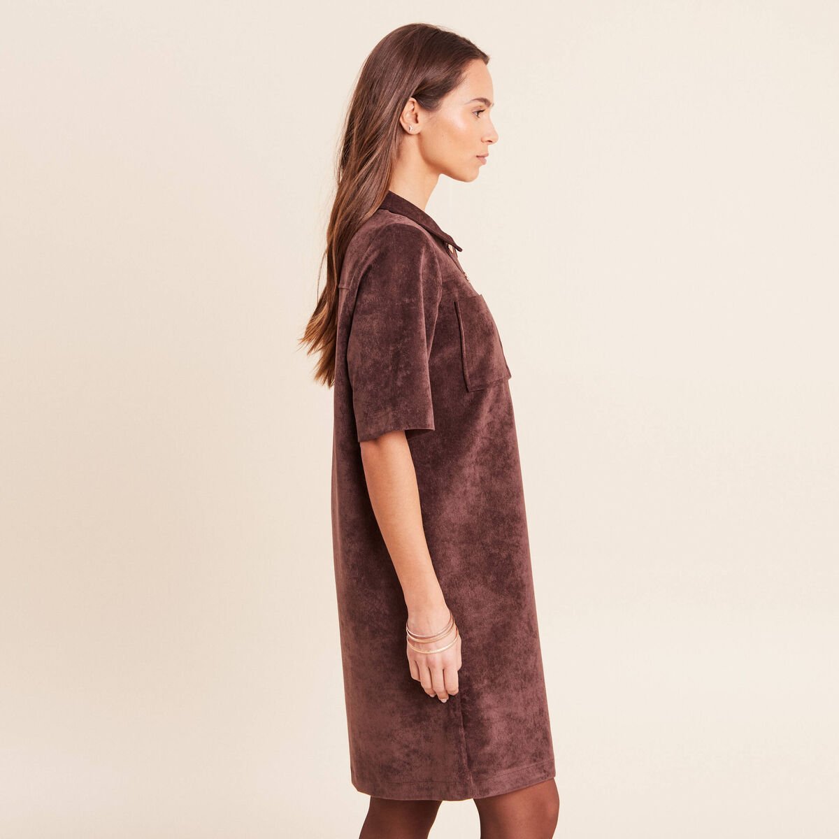Robe droite courte manches coudes marron foncé femme | Bréal