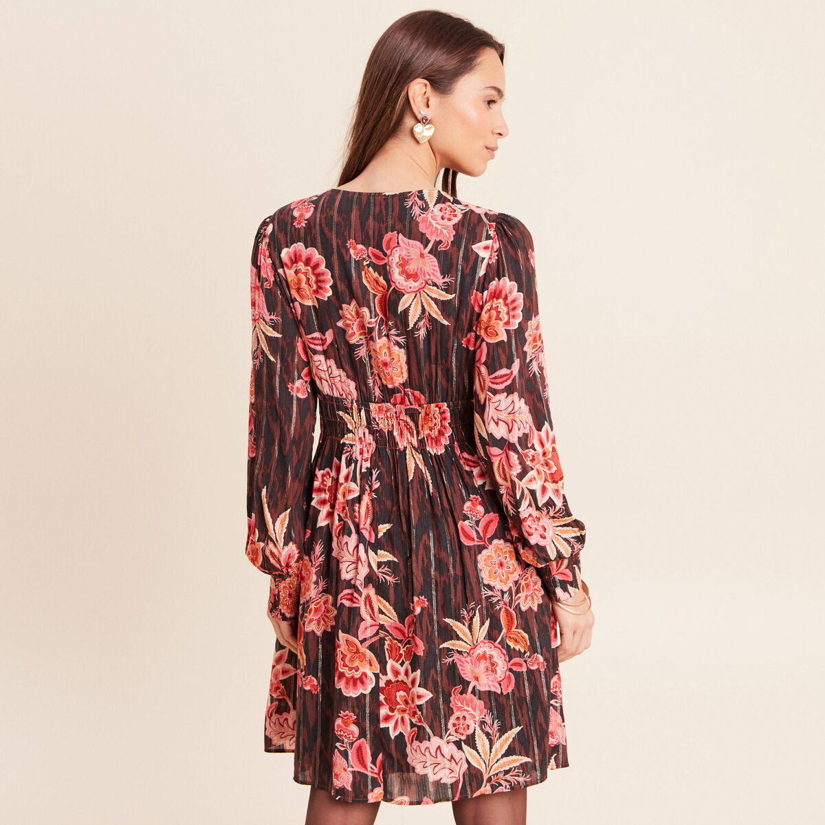 Robe courte évasée col v manches longues marron femme | Bréal