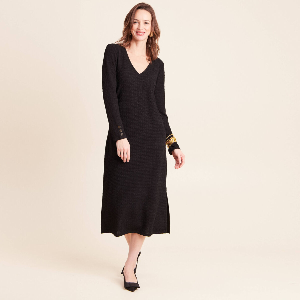 Robe col v manches longues noir femme | Bréal