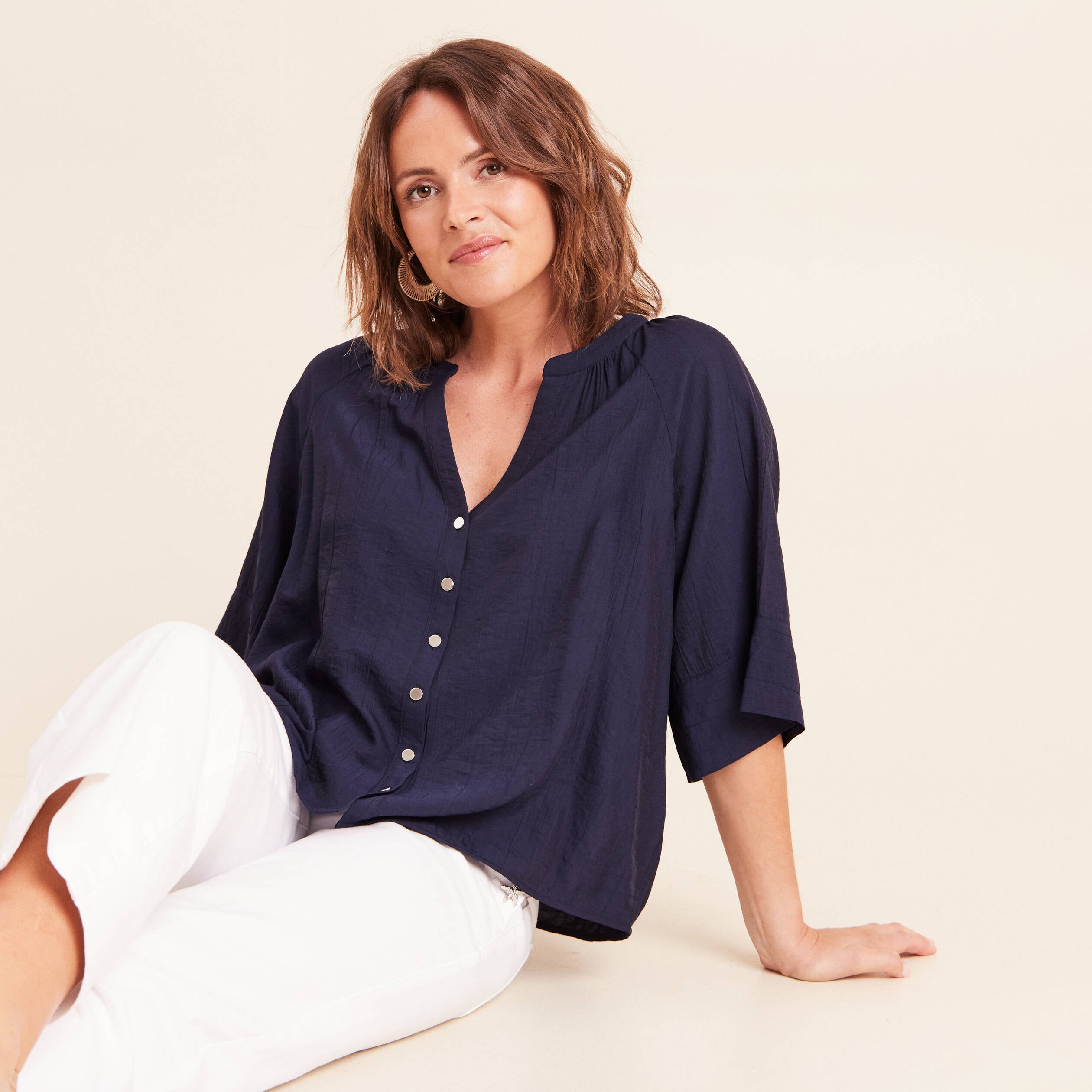 Blouse ample col v manches 3/4 bleu marine femme | Bréal