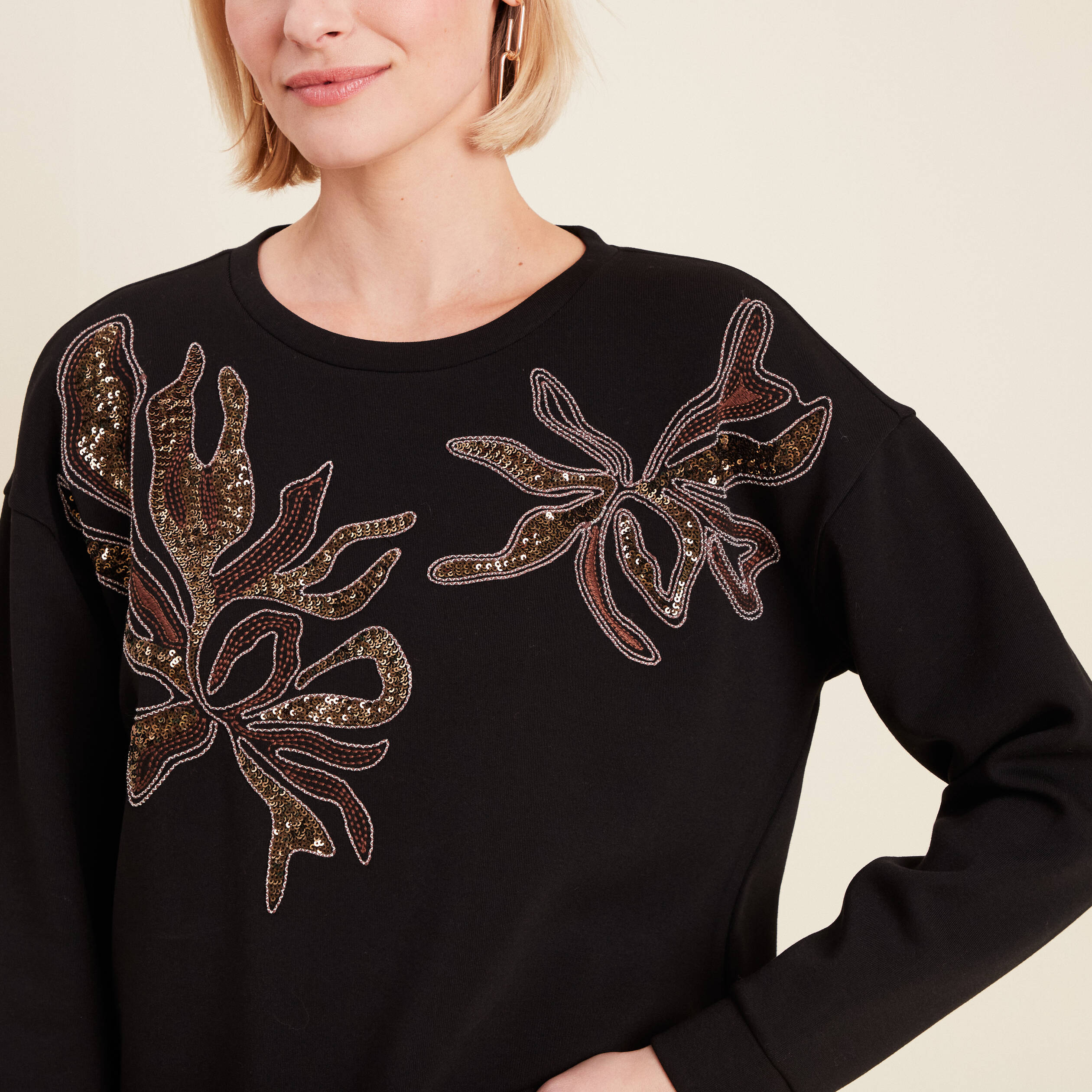 Sweat manches longues sequins noir femme | Bréal