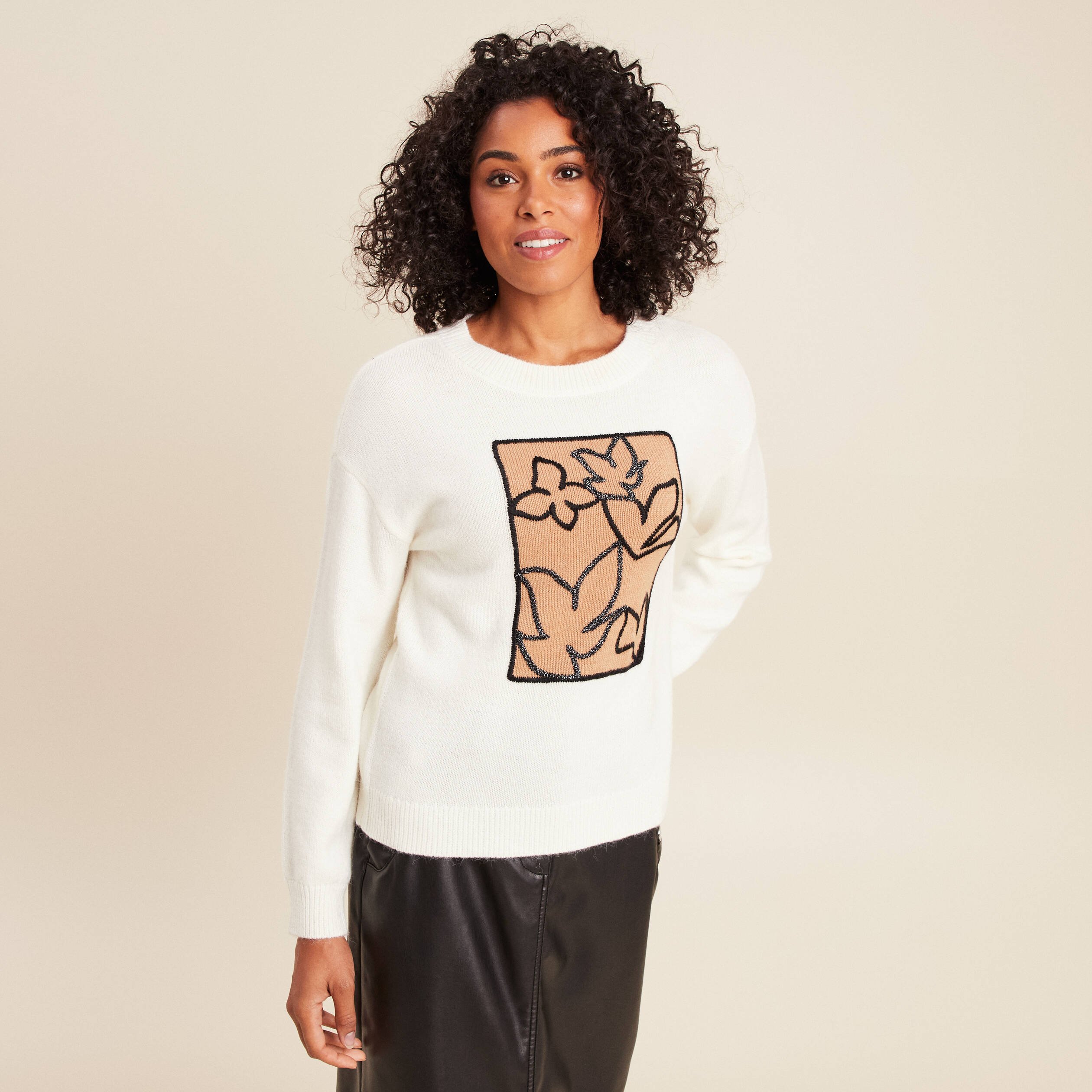 Pull manches longues broderie ecru femme | Bréal