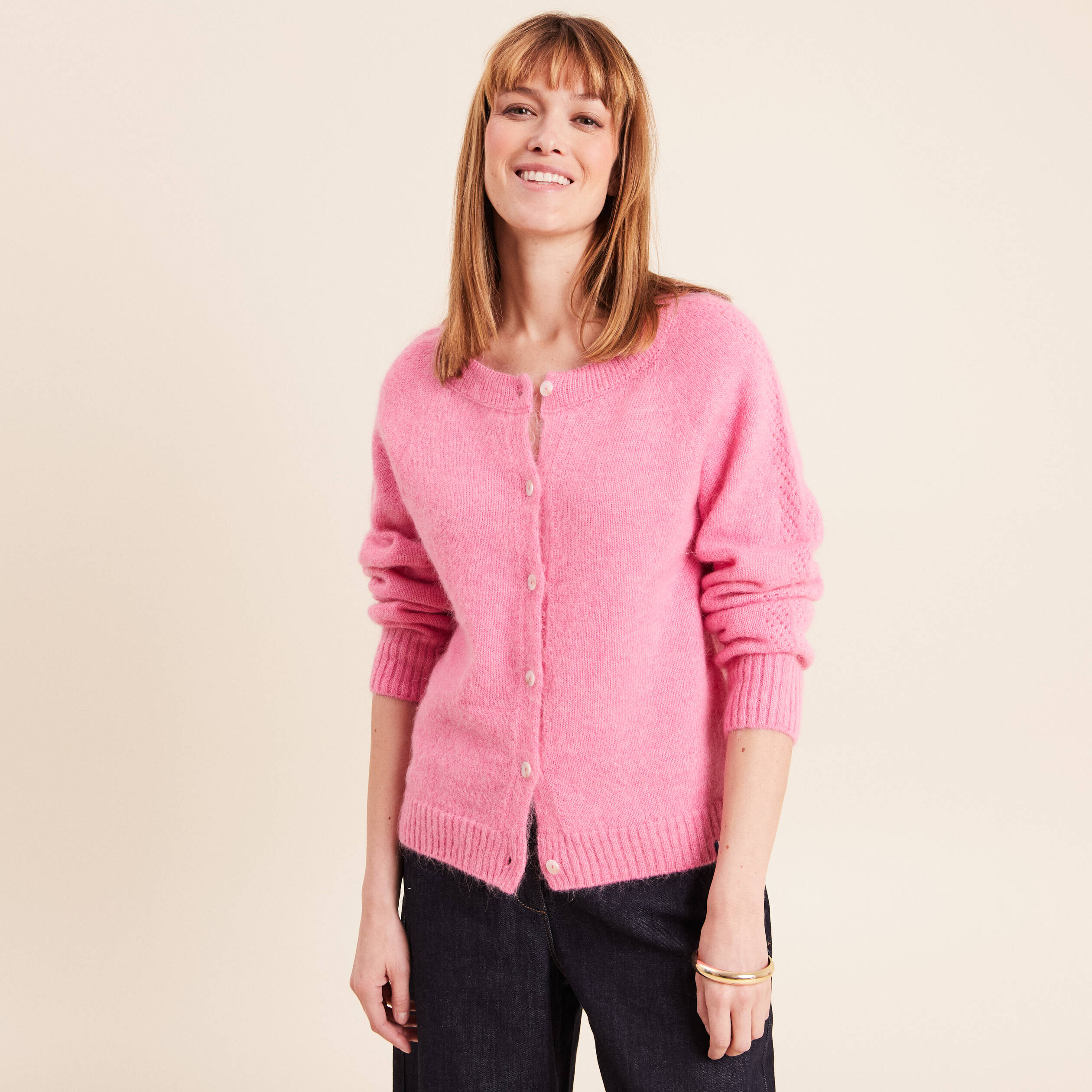 Gilet manches longues col rond rose fushia femme | Bréal