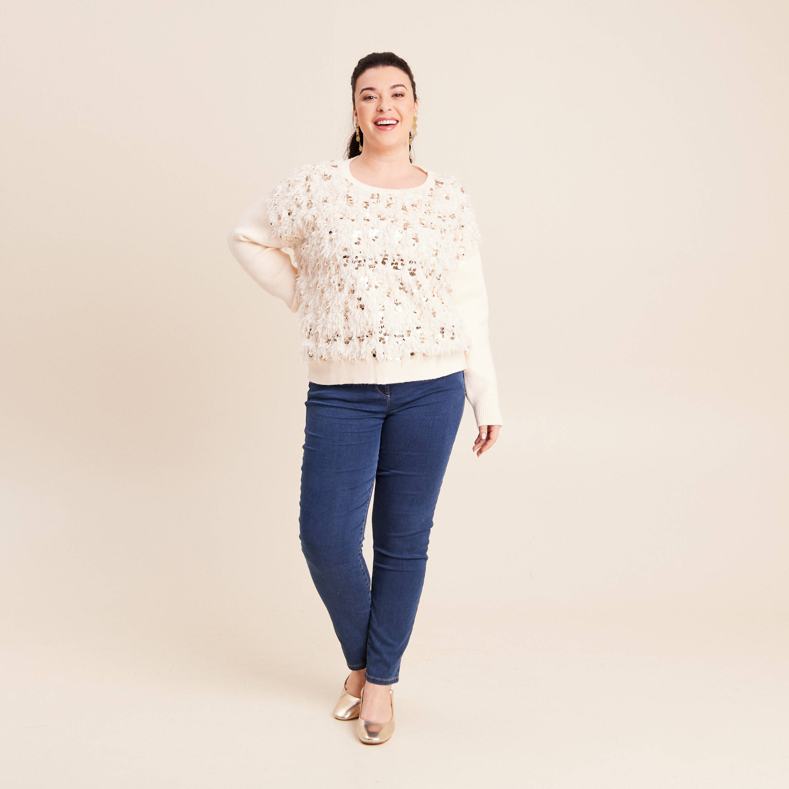 Pull col rond manches longues doublé ecru femme | Bréal