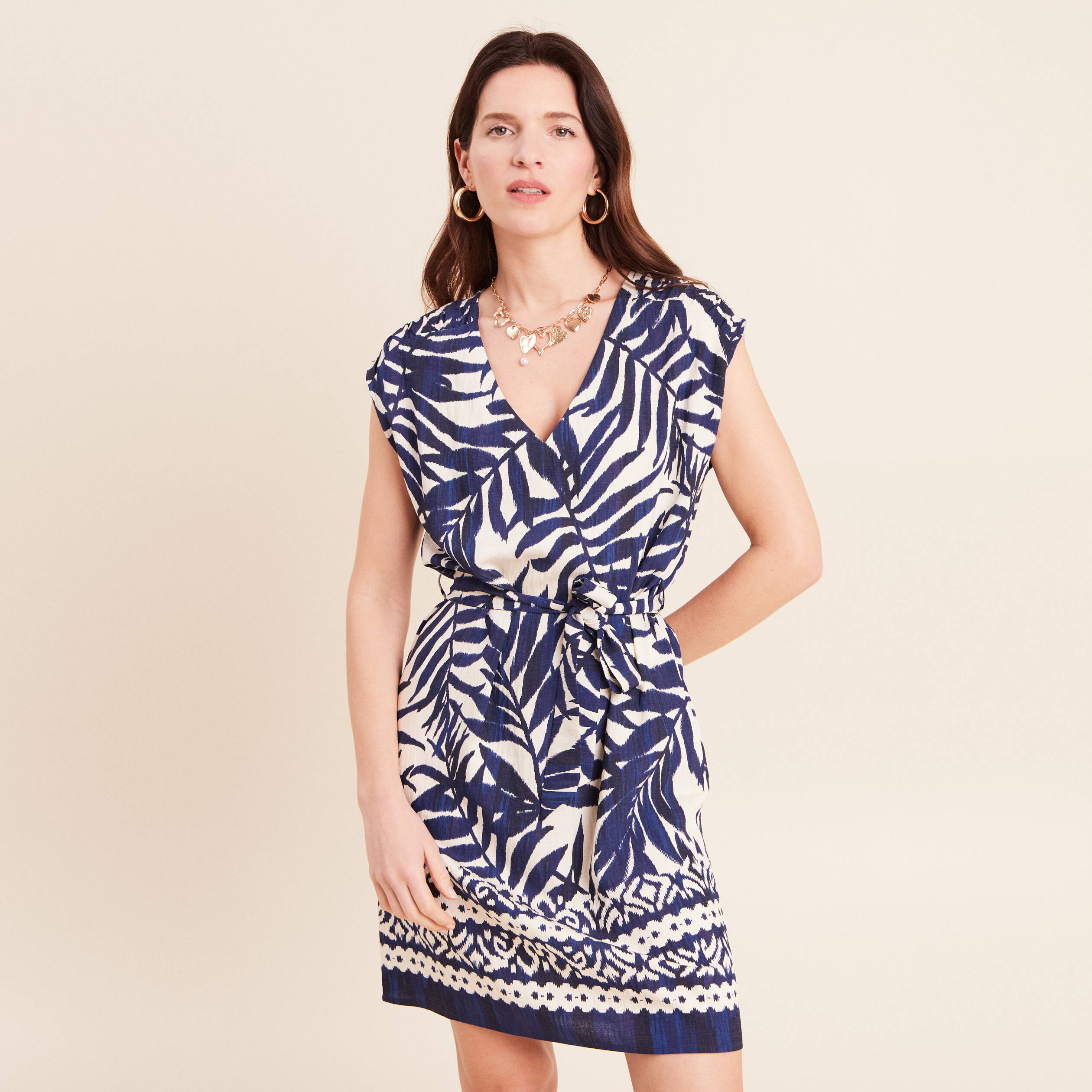 Robe droite courte col V manches courtes bleu femme | Bréal