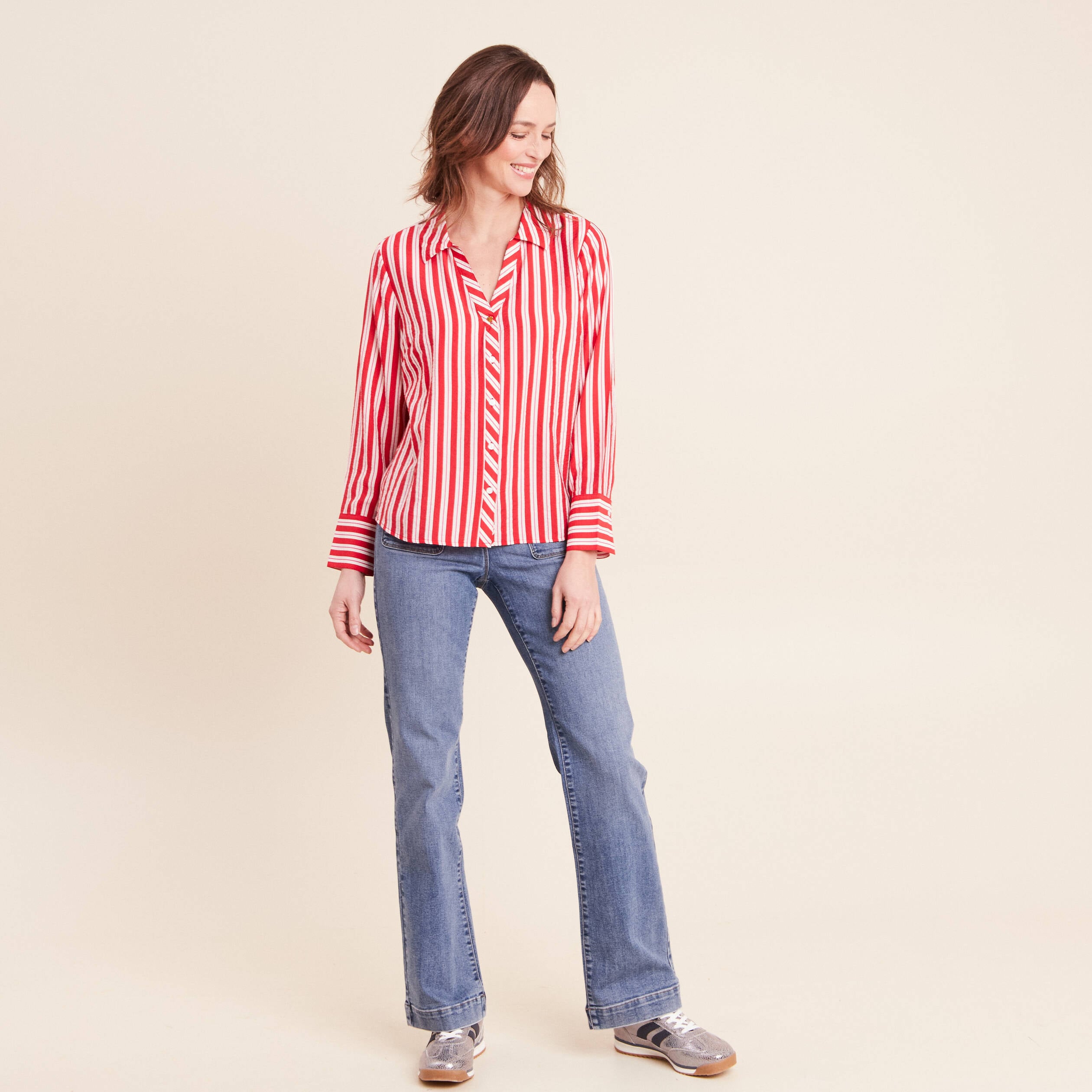 Chemise droite longue fluide col chemise rouge femme | Bréal