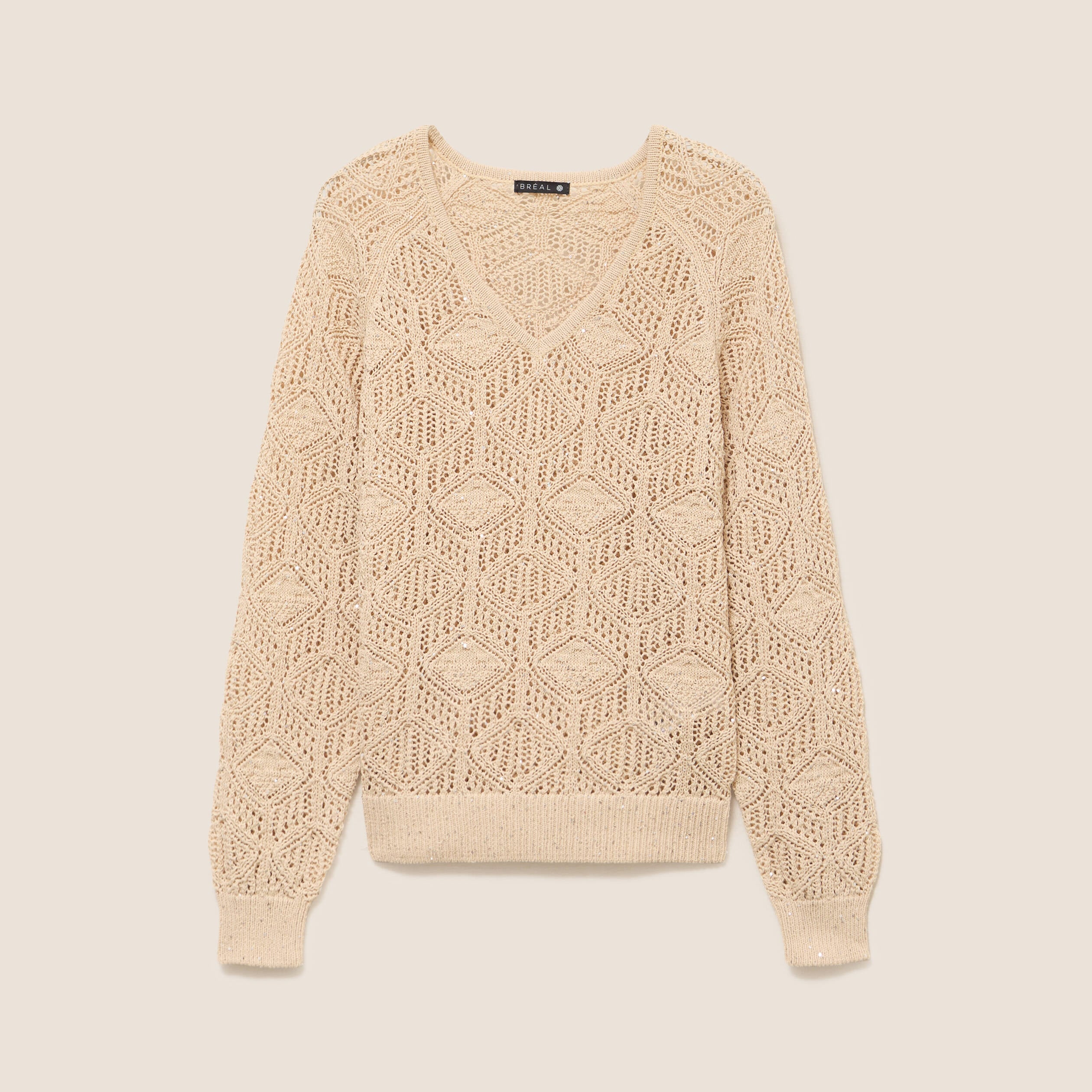 Pull col v manches longues dentelle sable femme | Bréal
