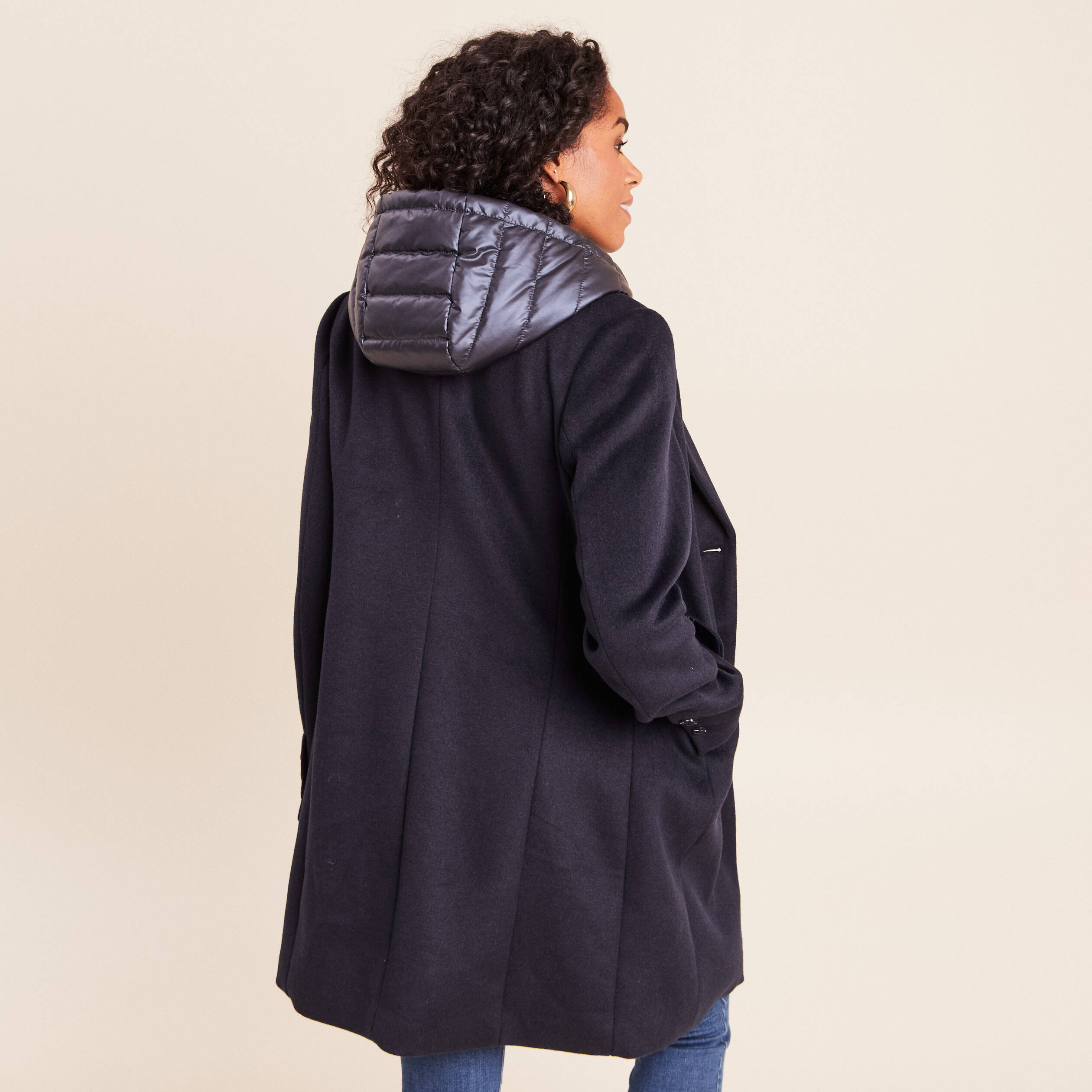 Manteau 2 en 1 droit à capuche bleu foncé femme | Bréal