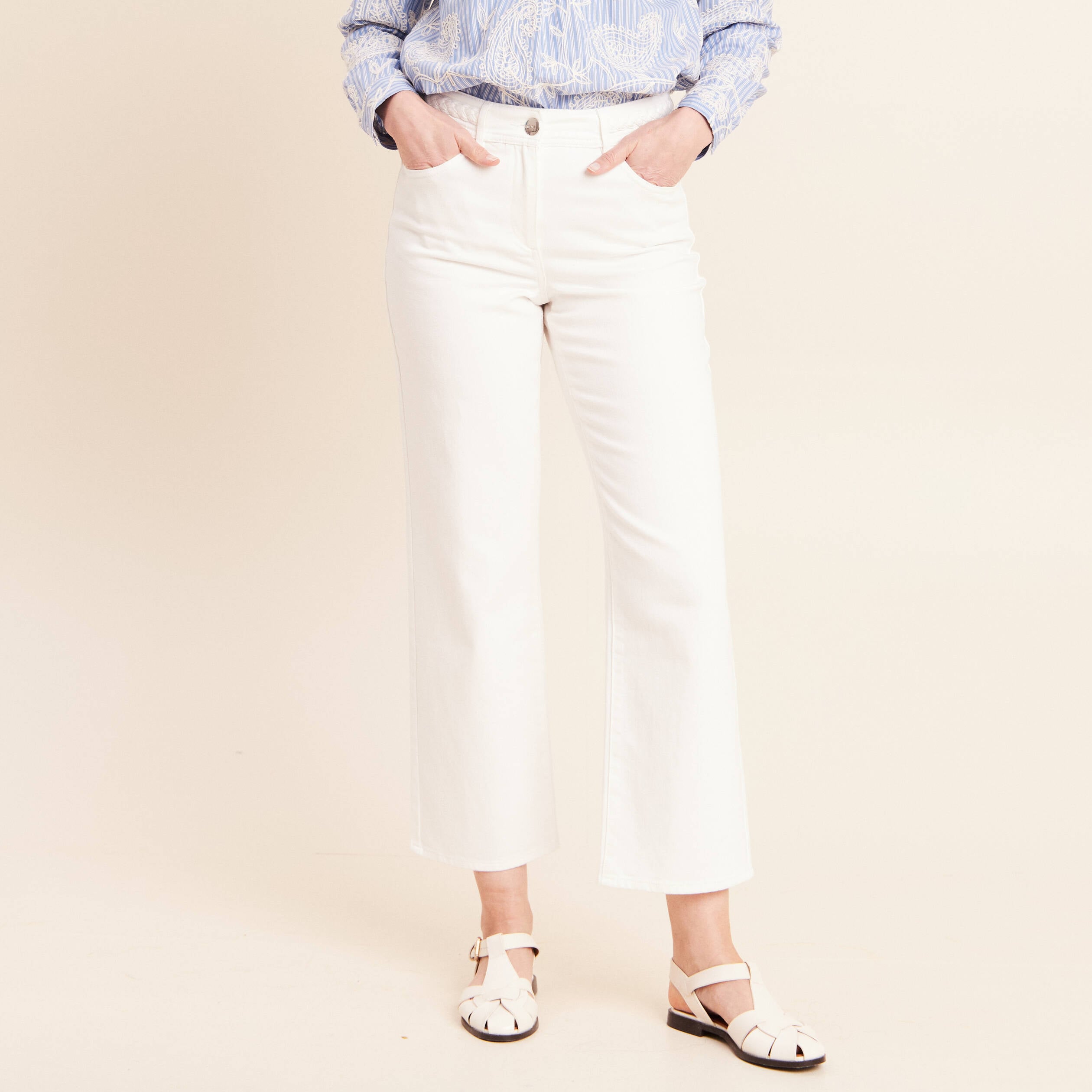 Jean coupe large 7/8ème taille haute blanc femme | Bréal