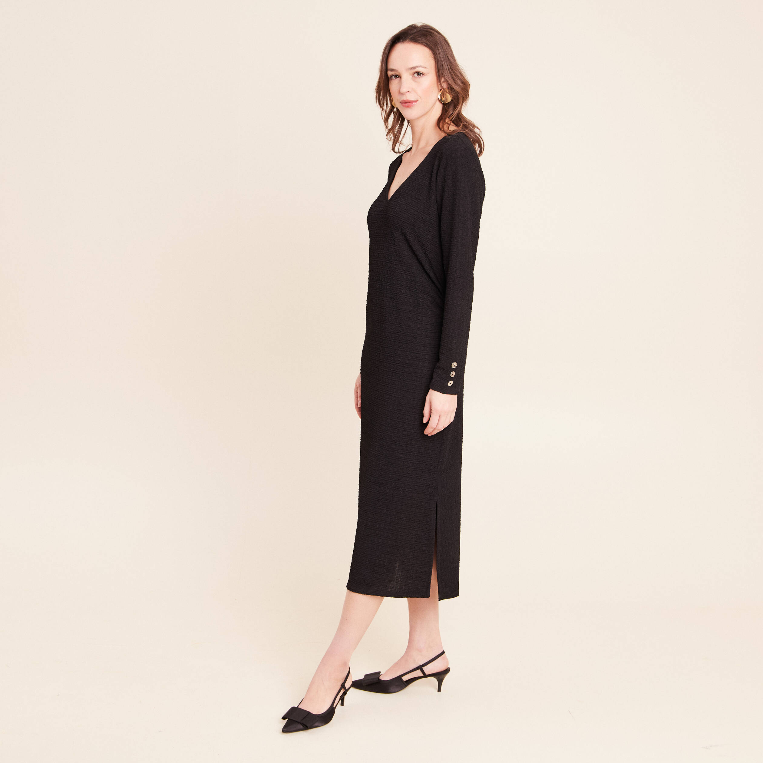 Robe col v manches longues noir femme | Bréal