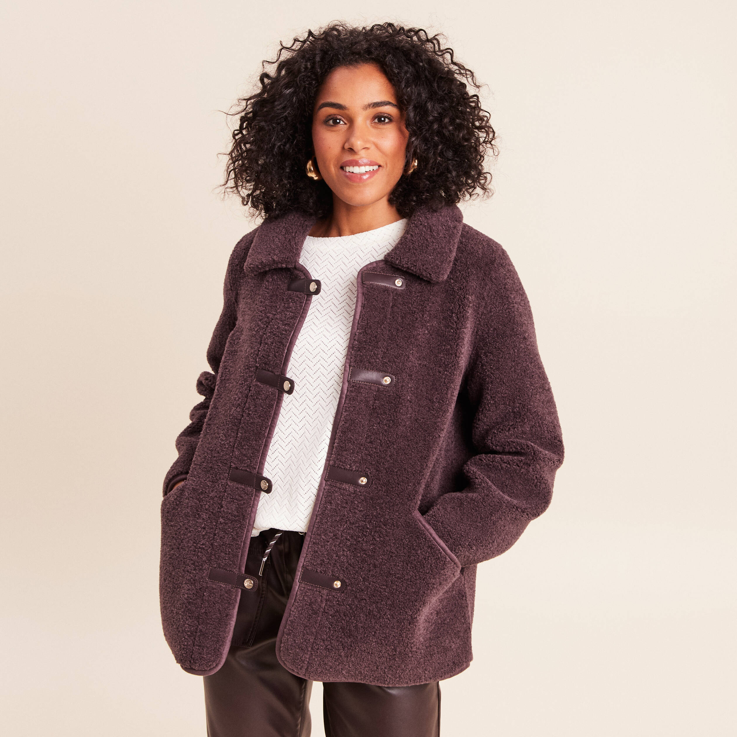 Manteau droit effet mouton bordeaux femme | Bréal