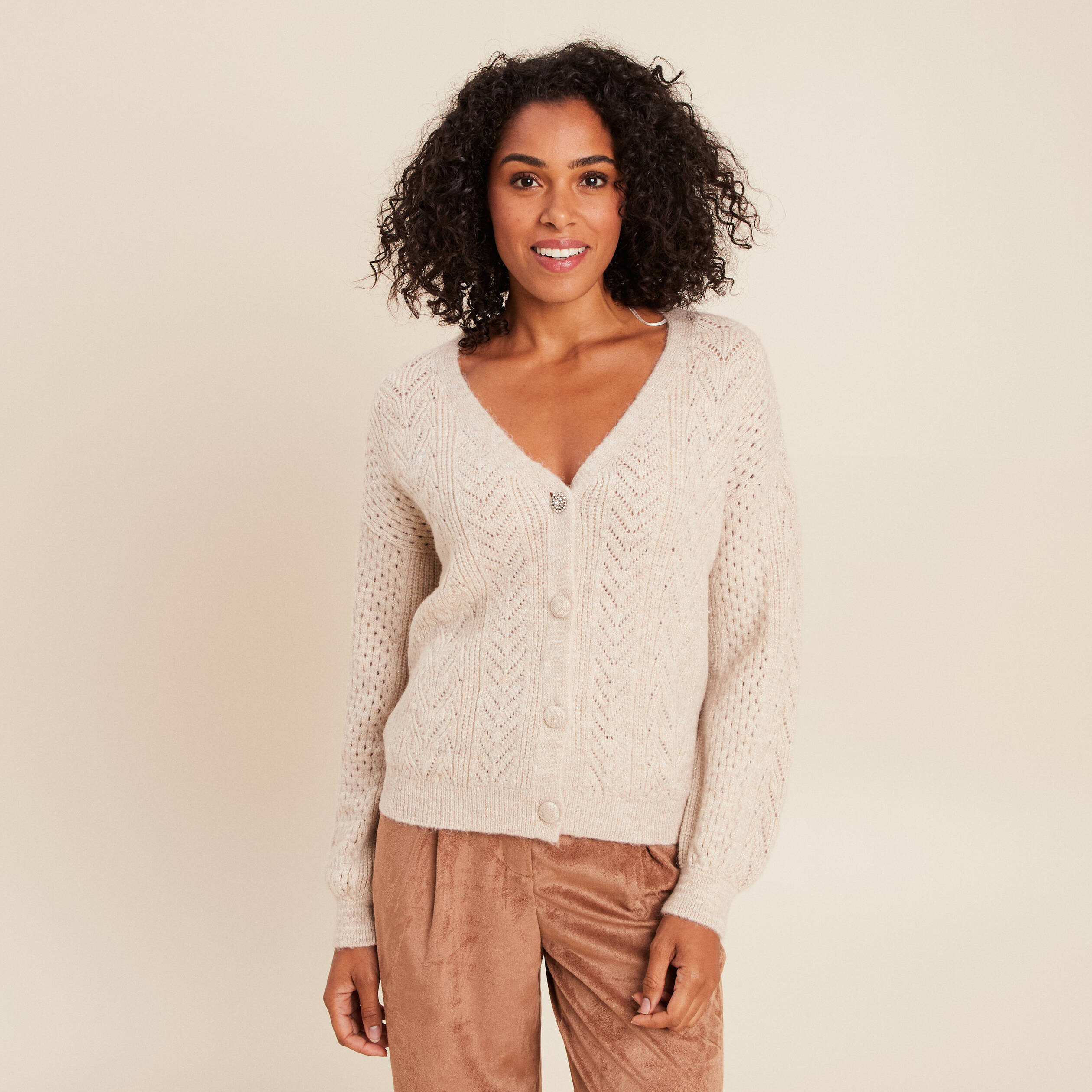 Gilet col v bas resserré manches longues beige femme | Bréal