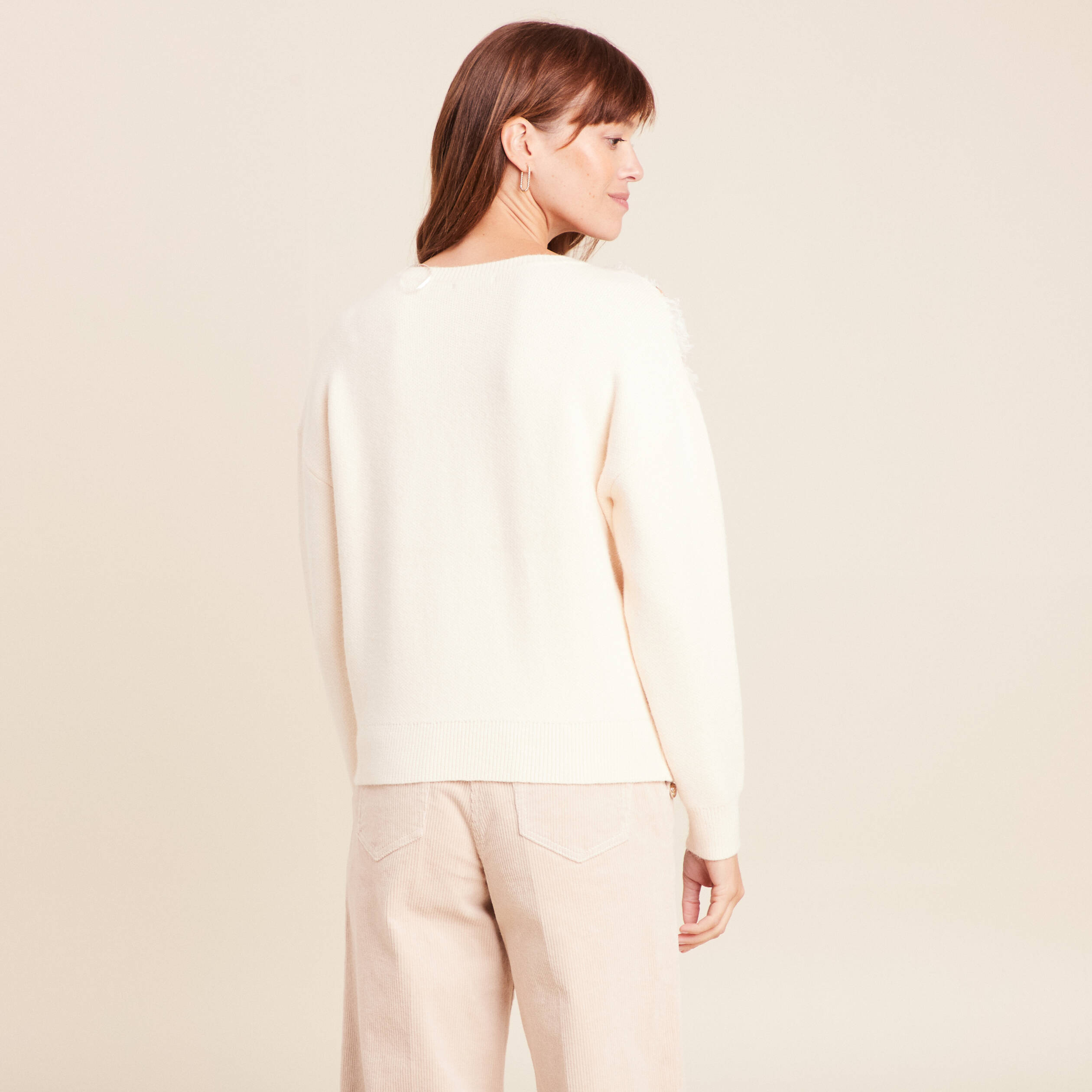 Pull col rond manches longues doublé ecru femme | Bréal