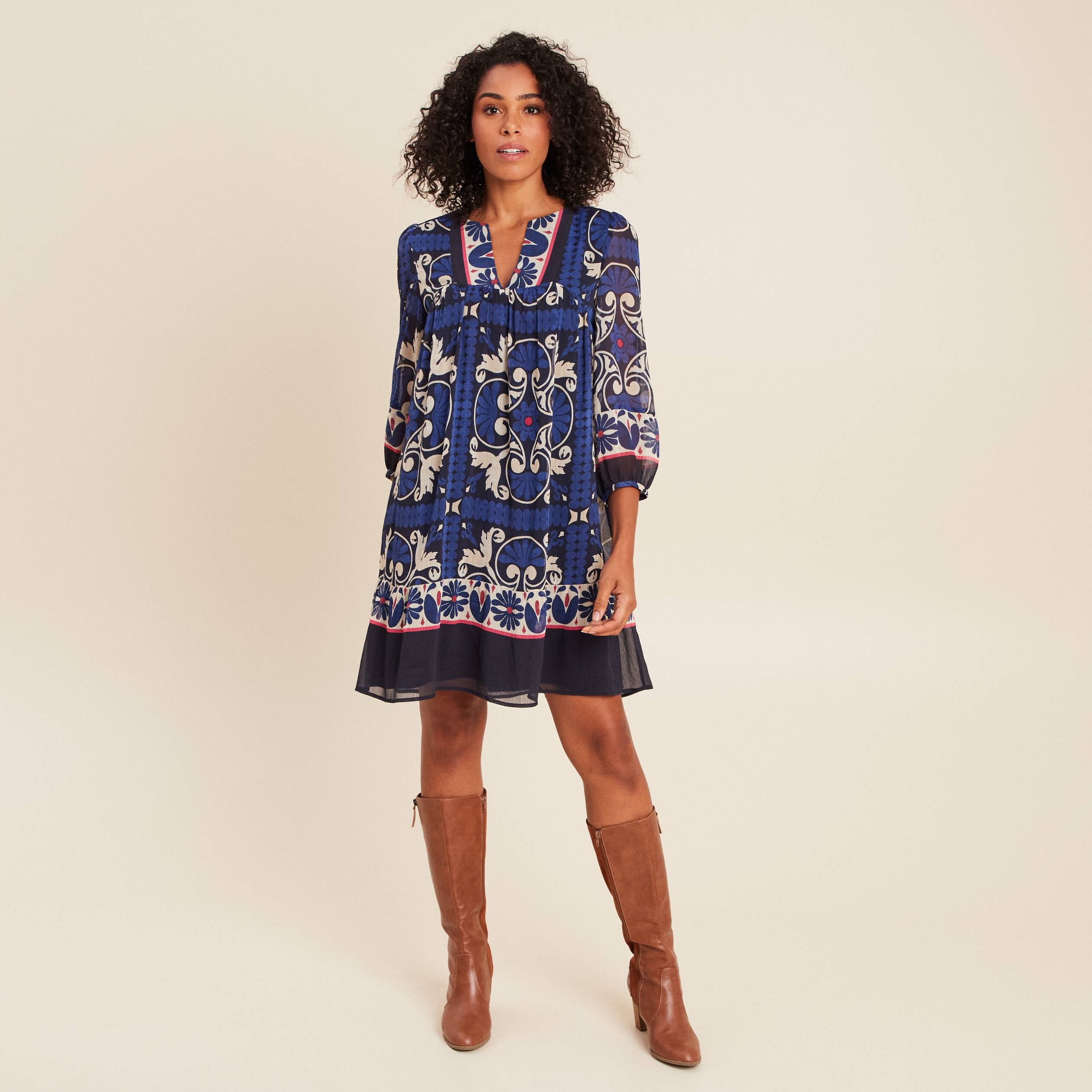 Robe courte évasée col tunisien bleu femme | Bréal