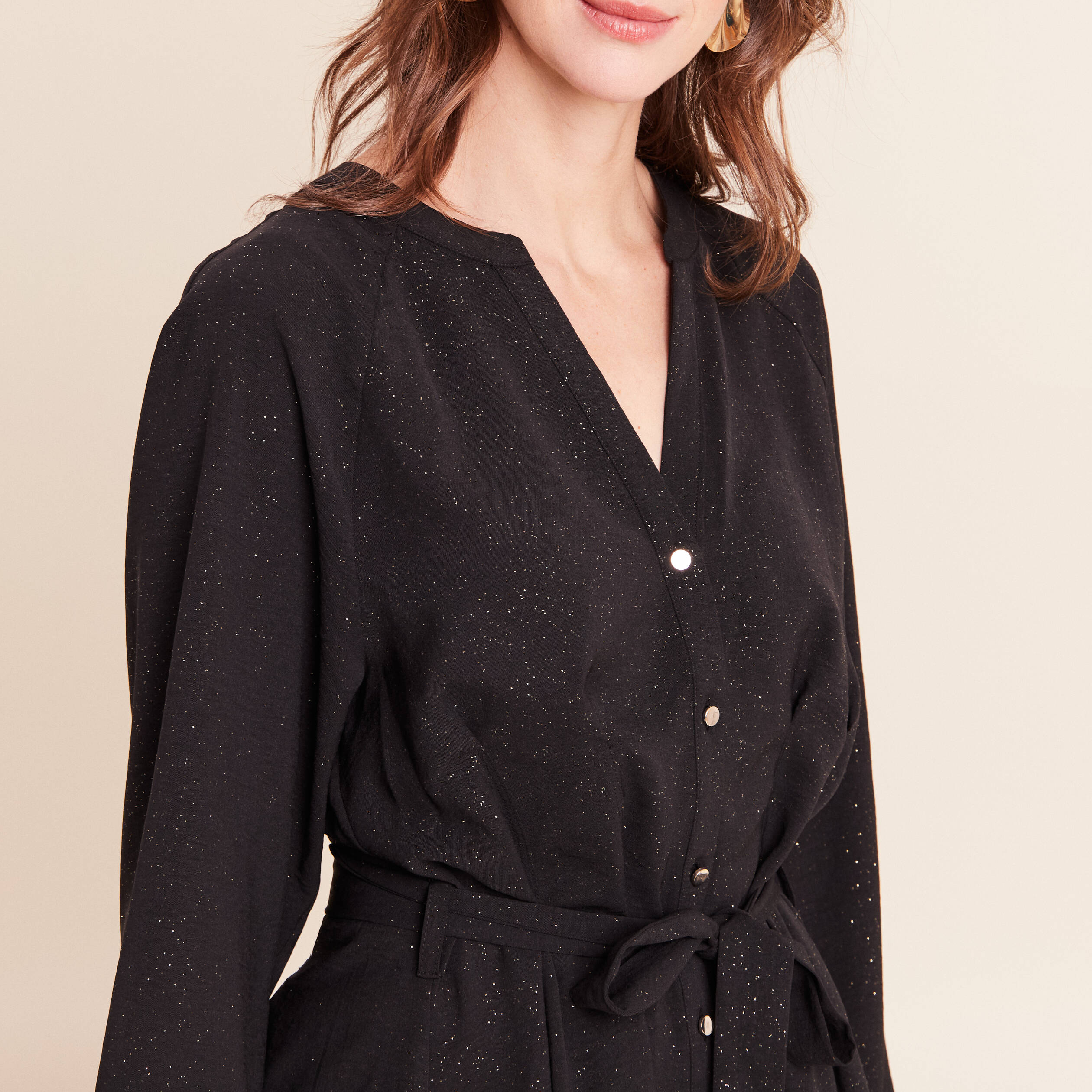 Robe courte col tunisien à paillettes noir femme | Bréal