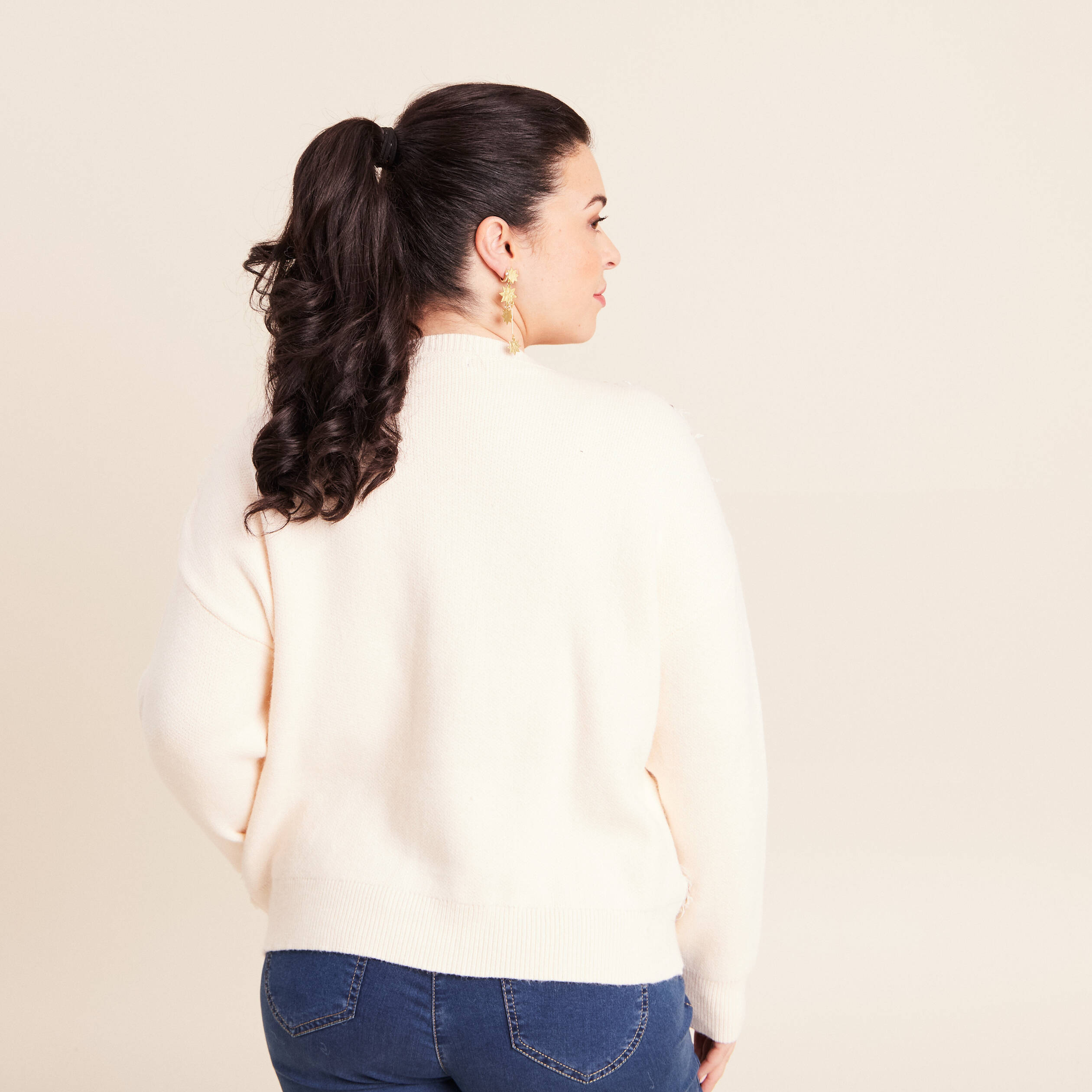 Pull col rond manches longues doublé ecru femme | Bréal