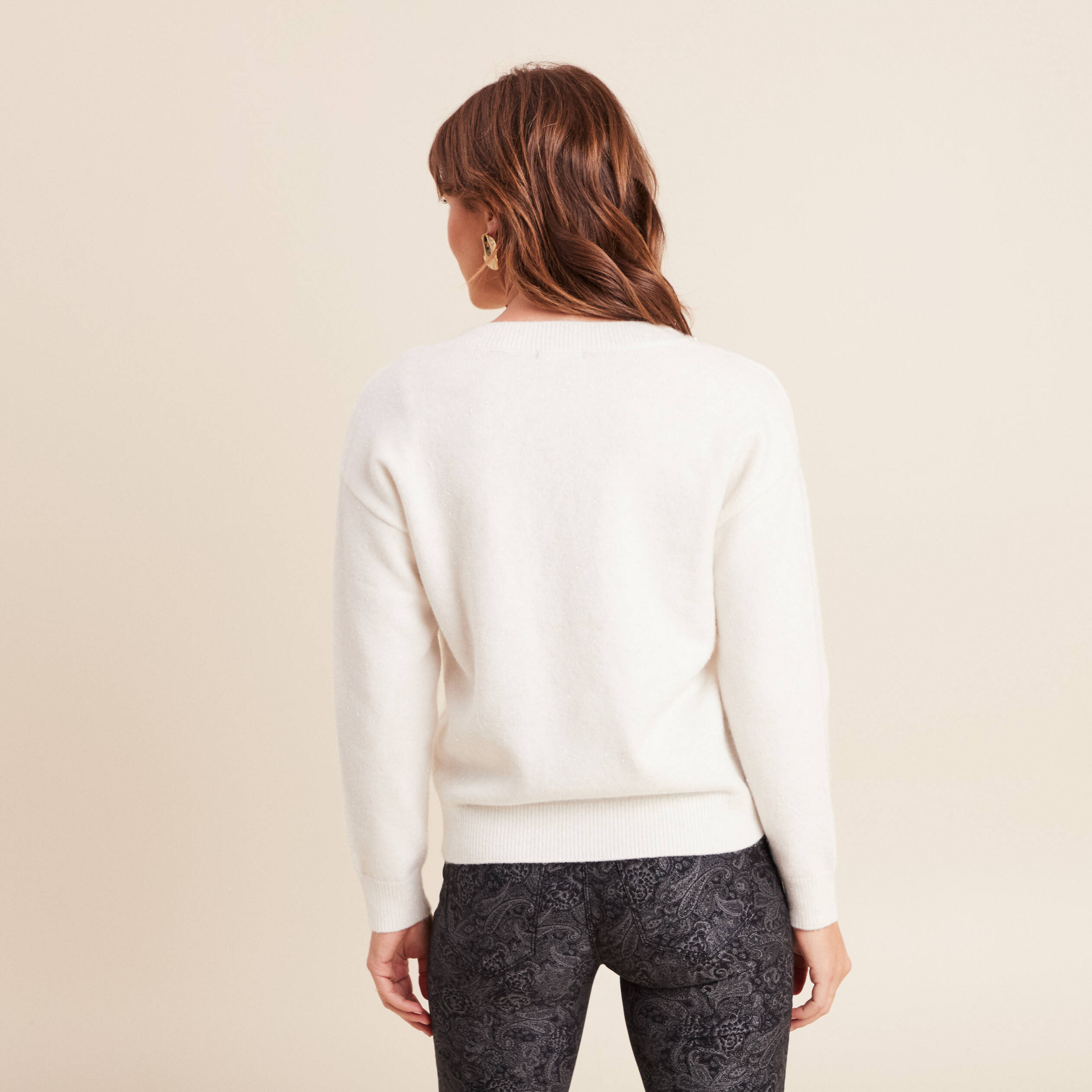 Pull col v manches longues brillant ecru femme | Bréal