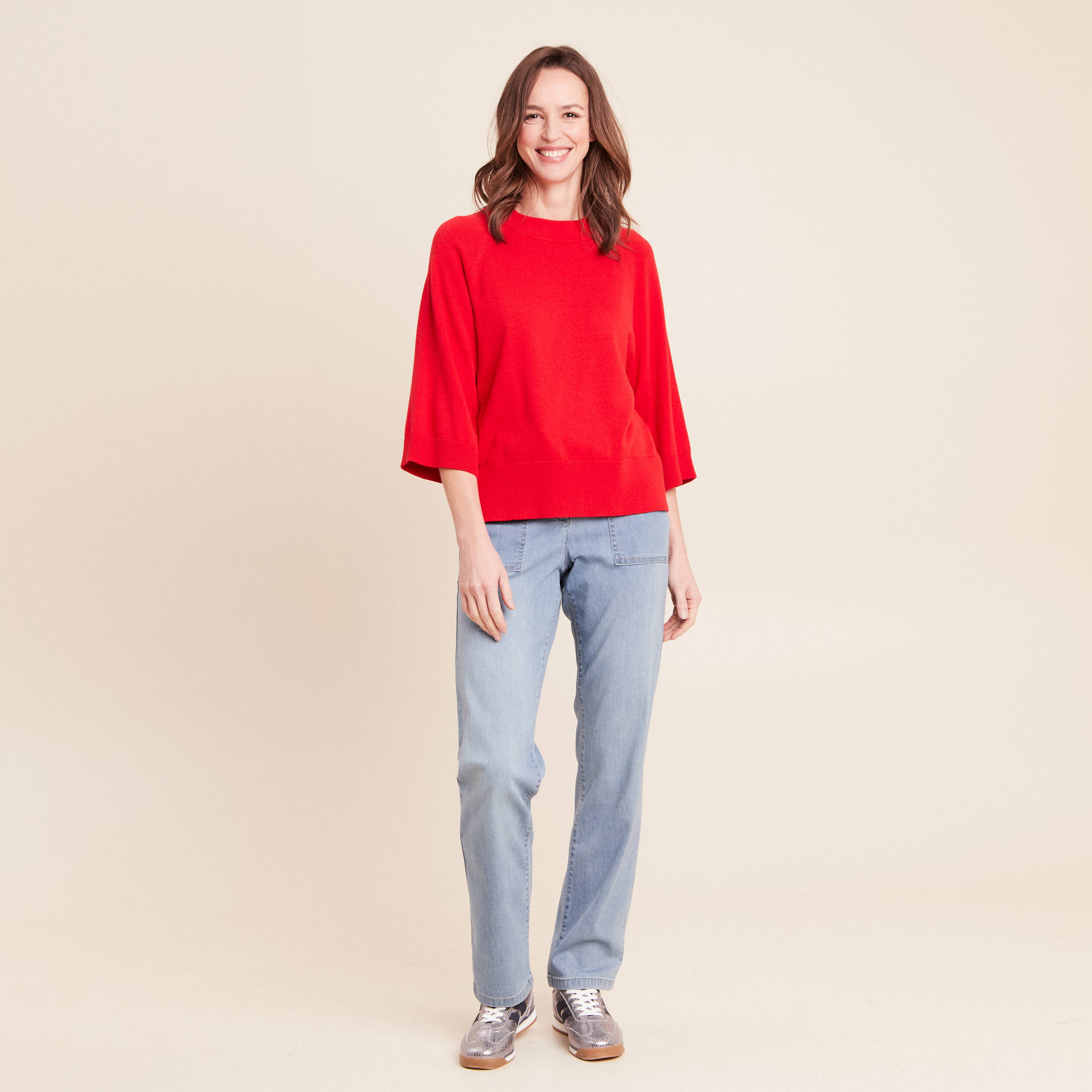 Pull fin col rond manches coudes rouge fluo femme | Bréal