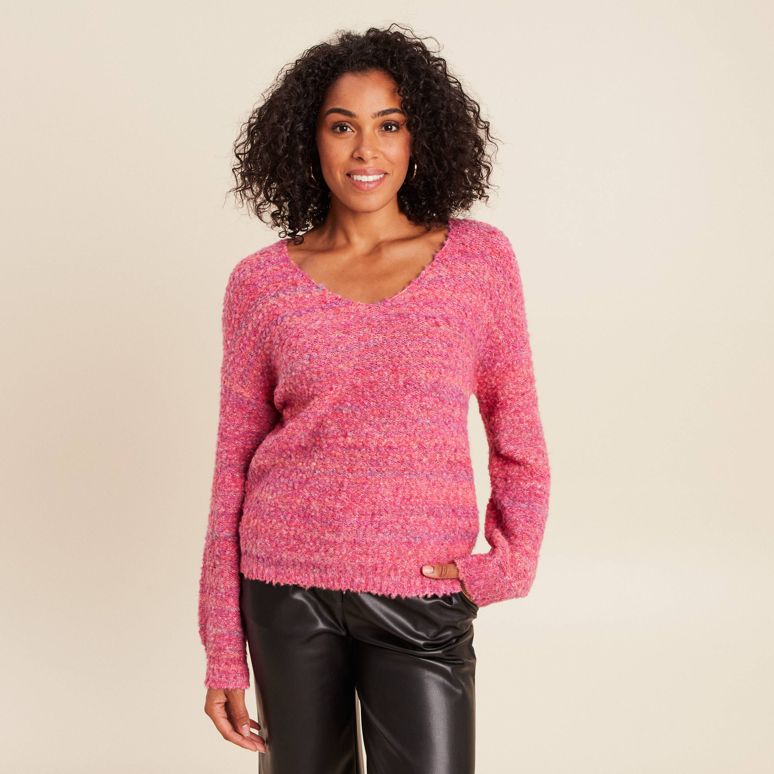 Pull col v manches longues rose fushia femme | Bréal
