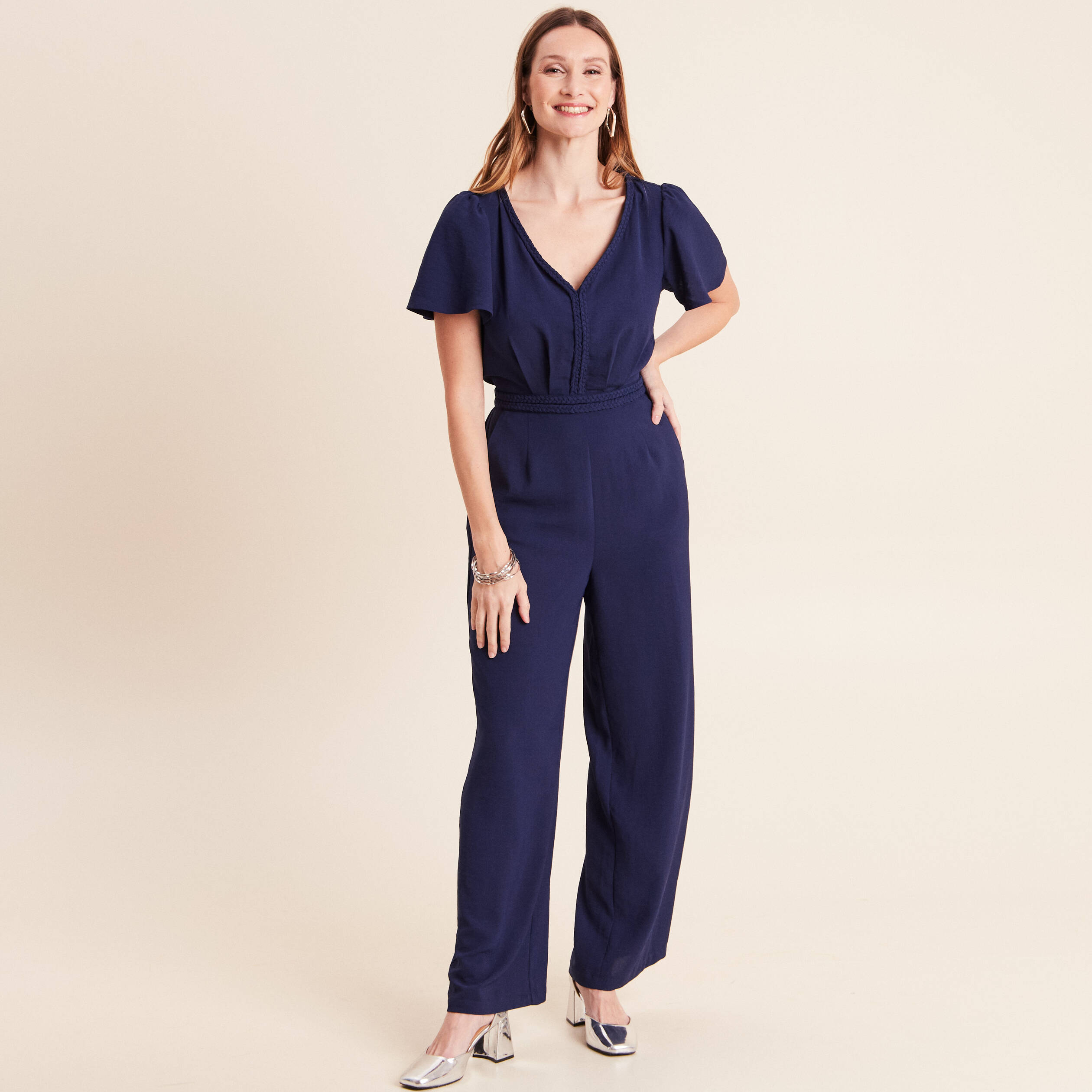 Combinaison large col v manches courtes bleu marine femme | Bréal