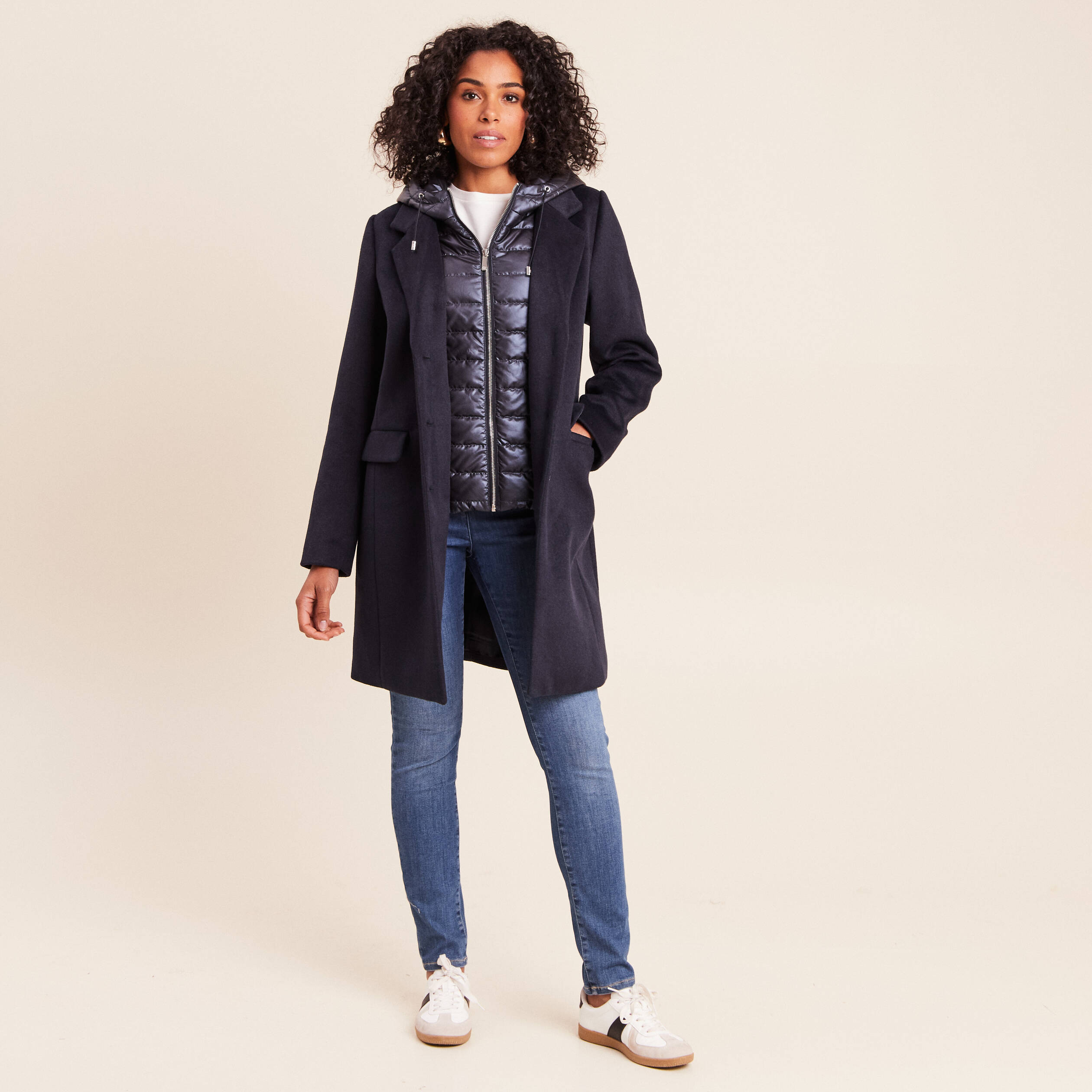 Manteau 2 en 1 droit à capuche bleu foncé femme | Bréal