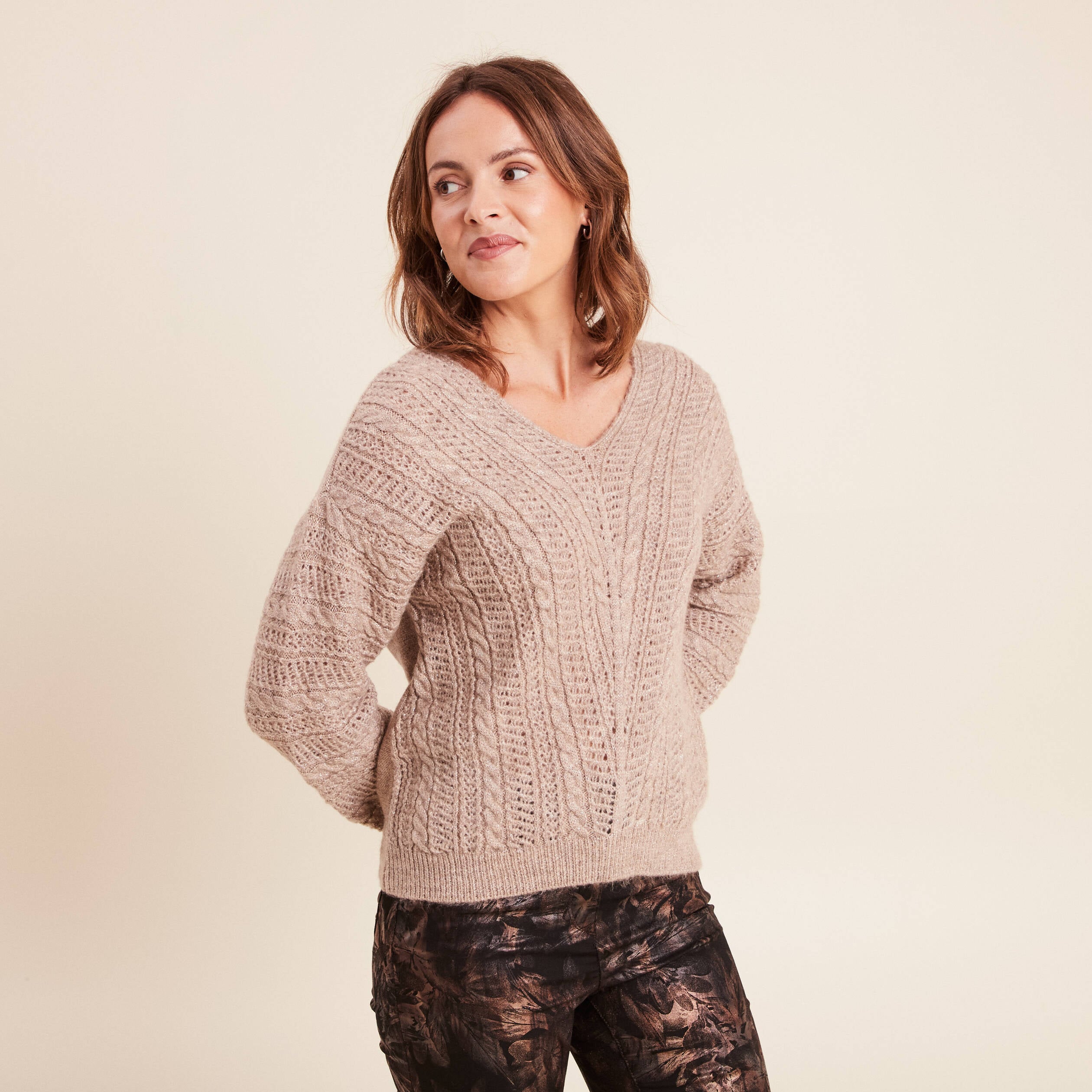 Pull col V manches longues taupe femme | Bréal