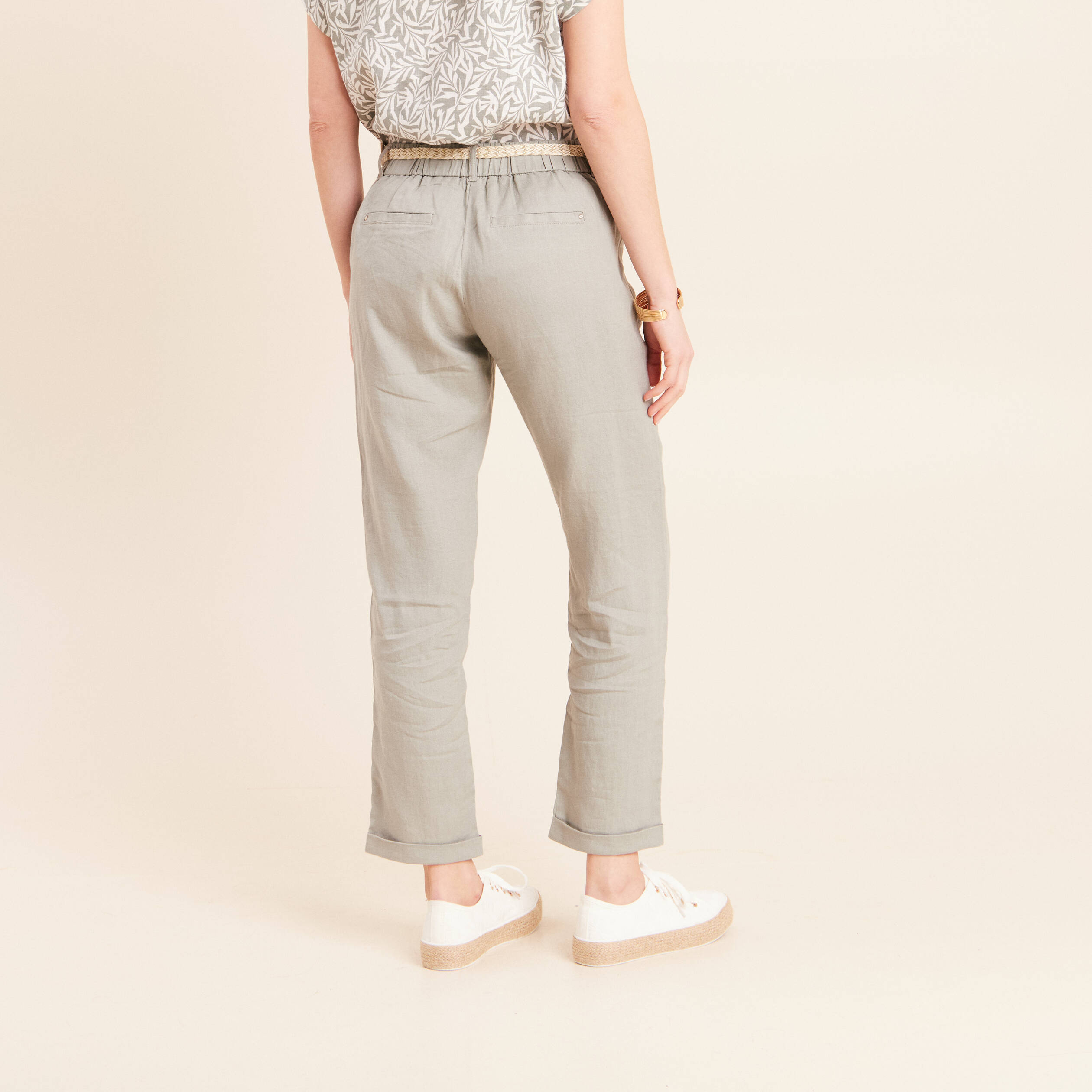 Pantalon coupe chino en lin ceinturé vert clair femme | Bréal