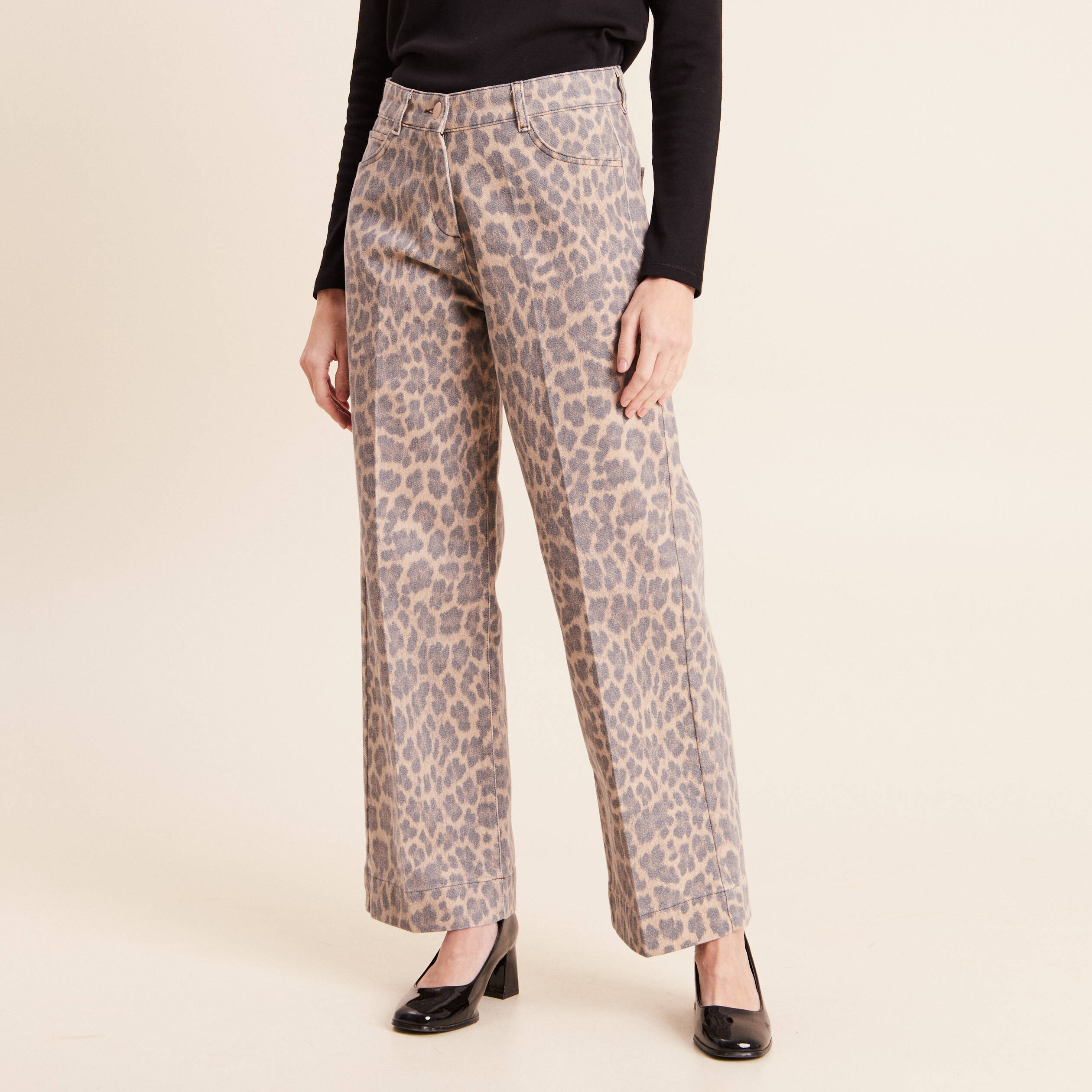 Pantalon taille haute coupe large marron femme | Bréal
