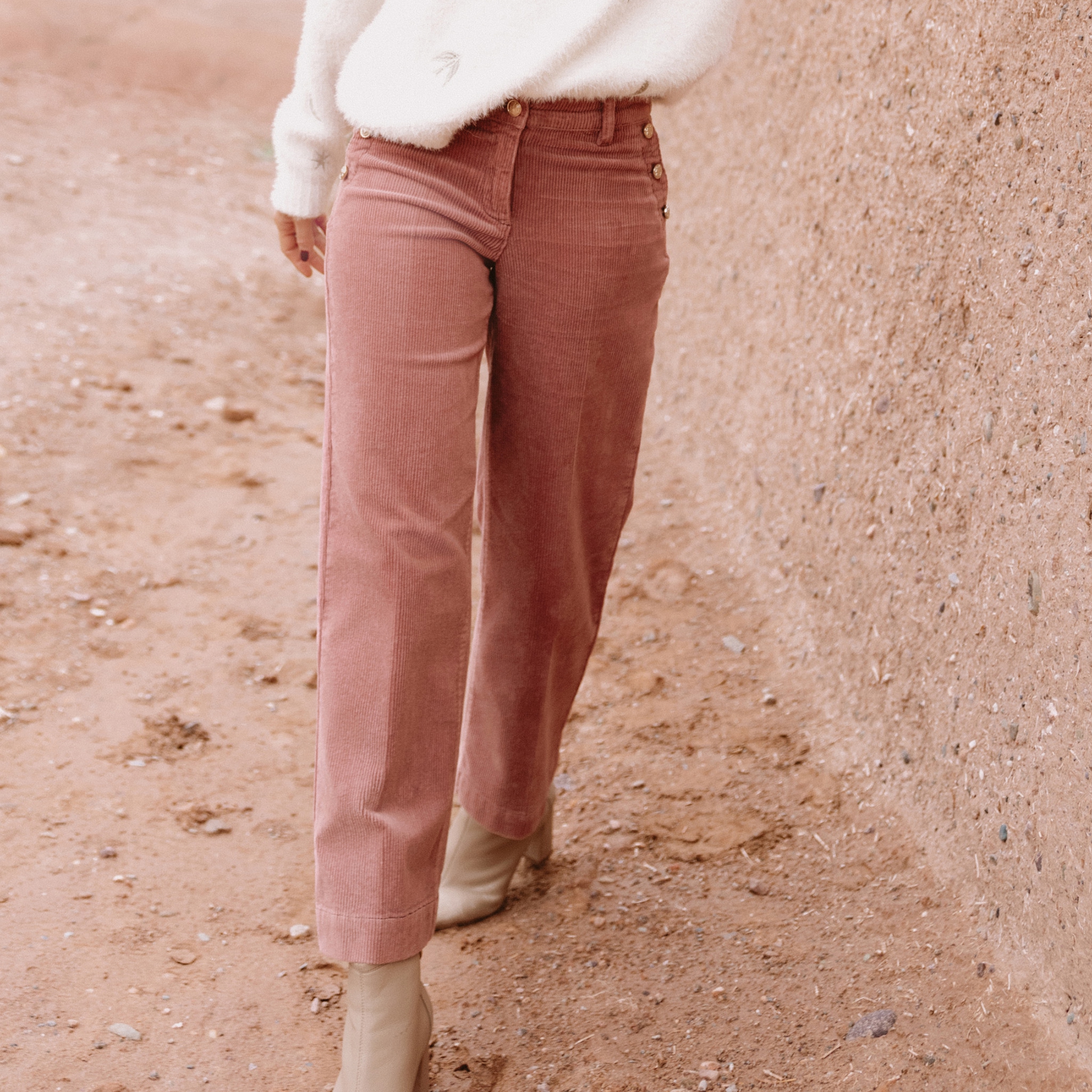 Pantalon large velours côtelé rose framboise femme | Bréal