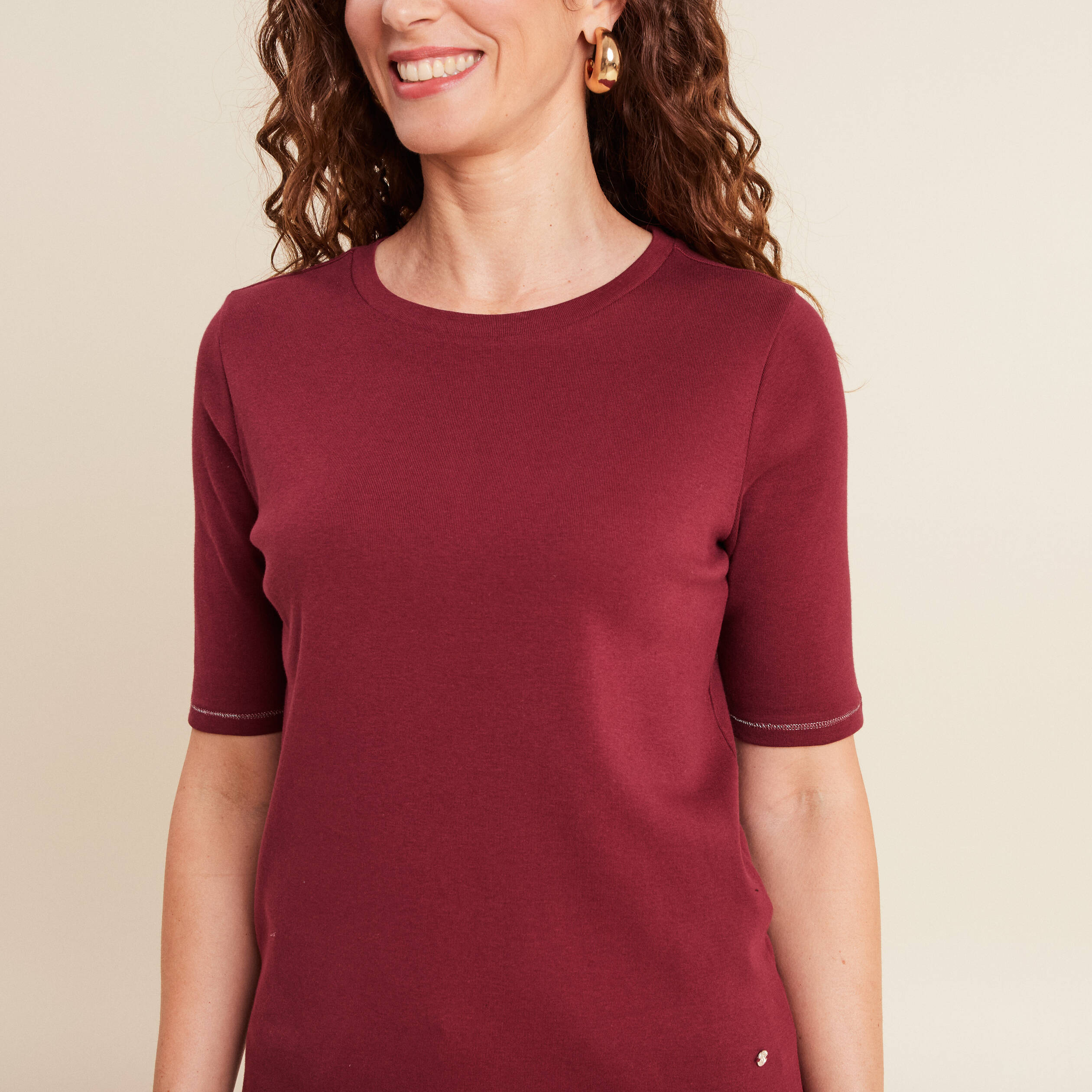 T-shirt ajusté col rond manches coudes bordeaux femme | Bréal