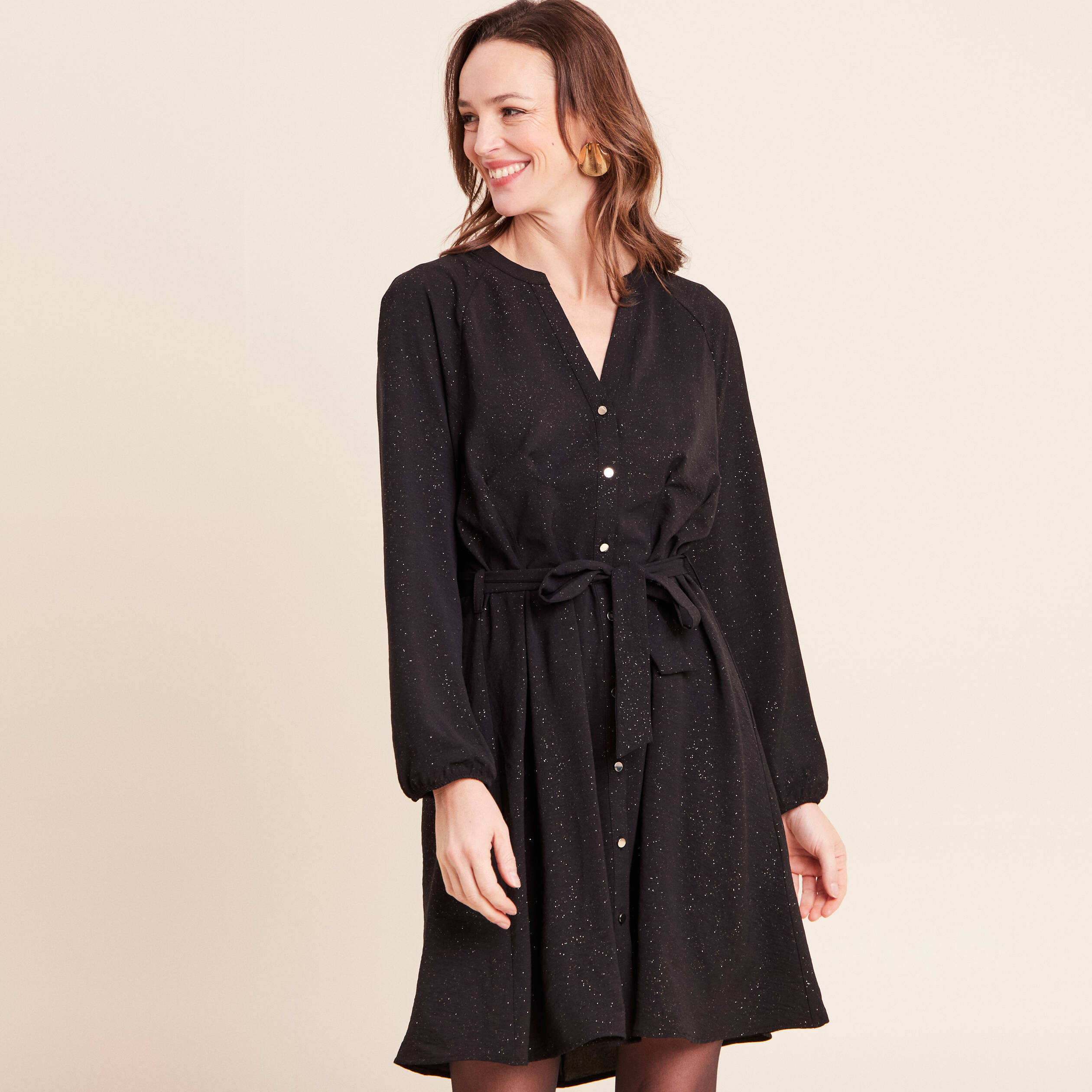 Robe courte col tunisien à paillettes noir femme | Bréal