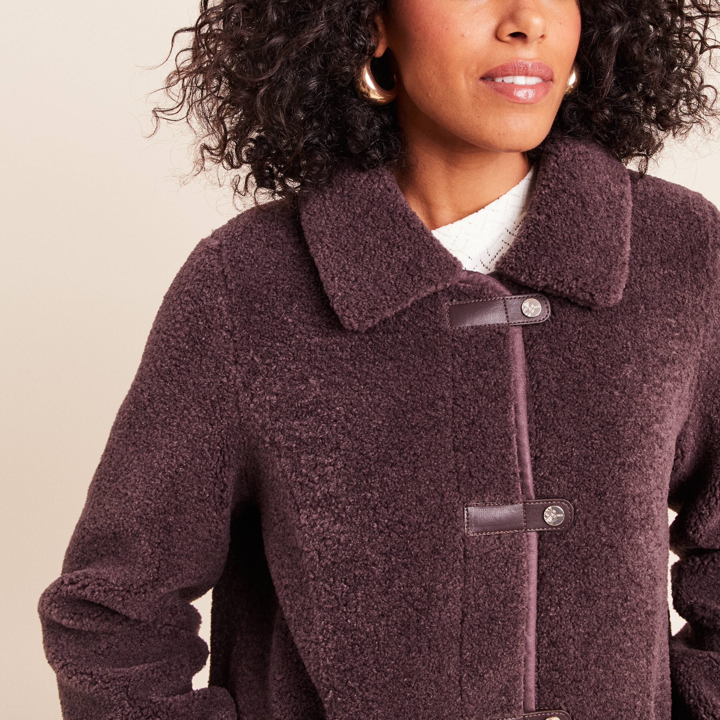 Manteau droit effet mouton bordeaux femme | Bréal