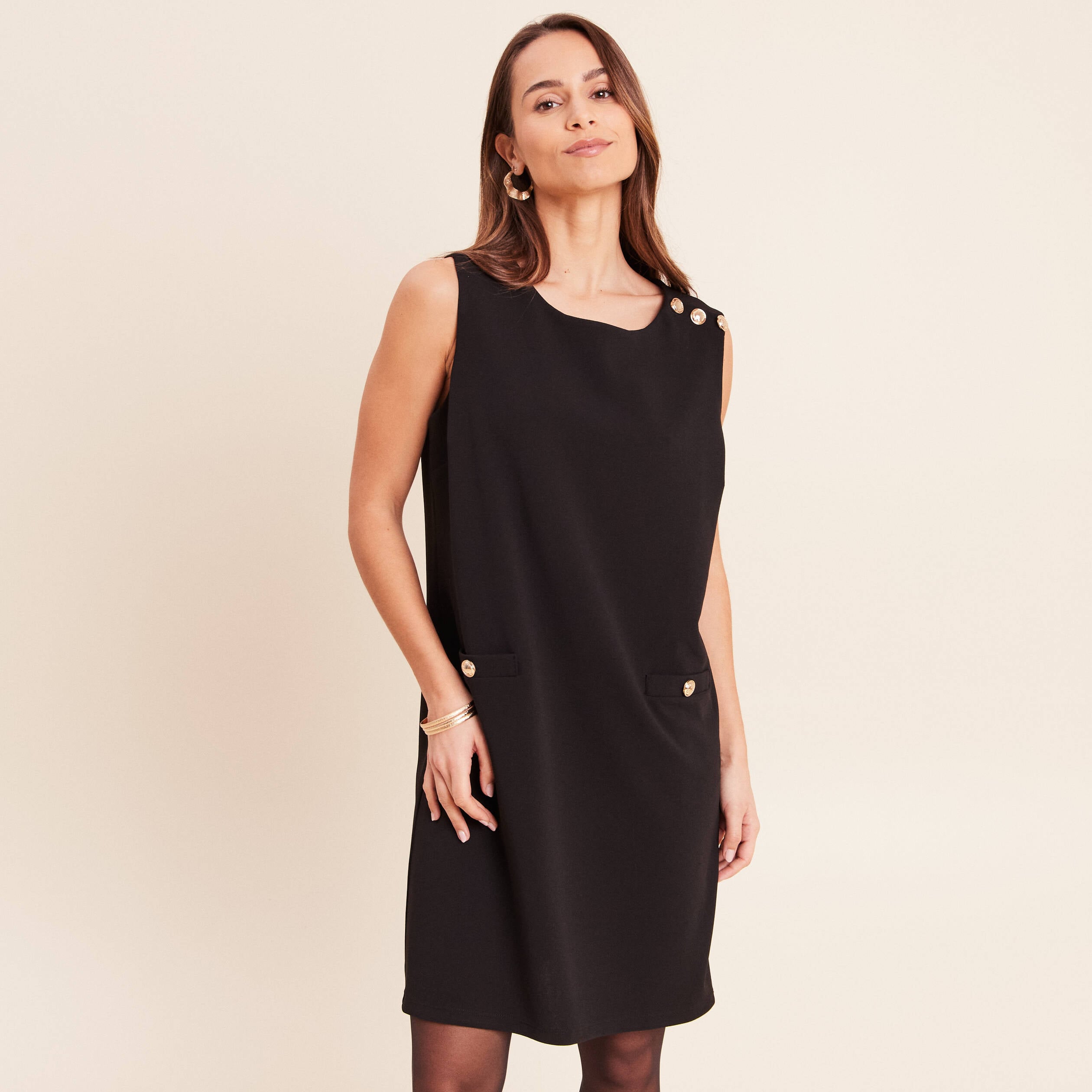 Robe droite courte sans manches col rond noir femme | Bréal