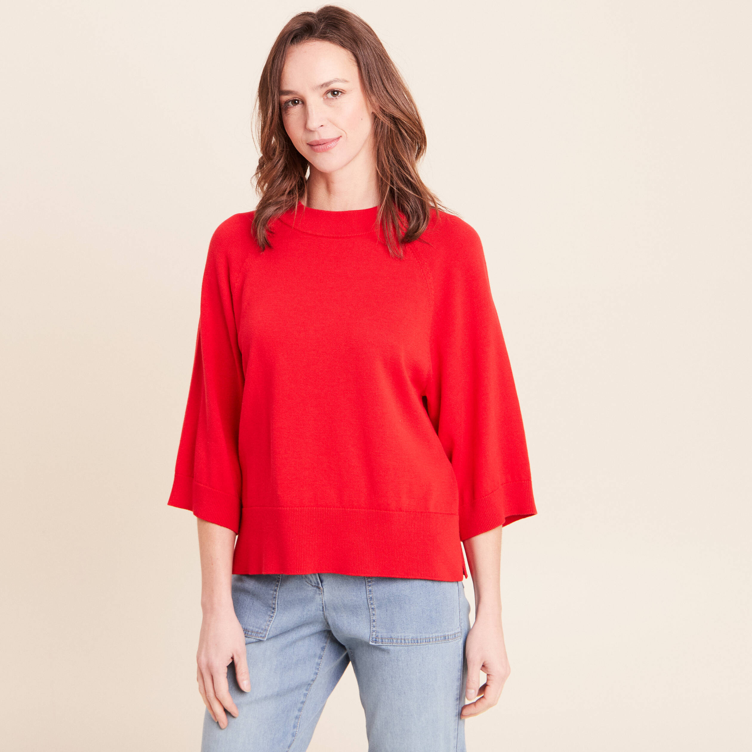 Pull fin col rond manches coudes rouge fluo femme | Bréal