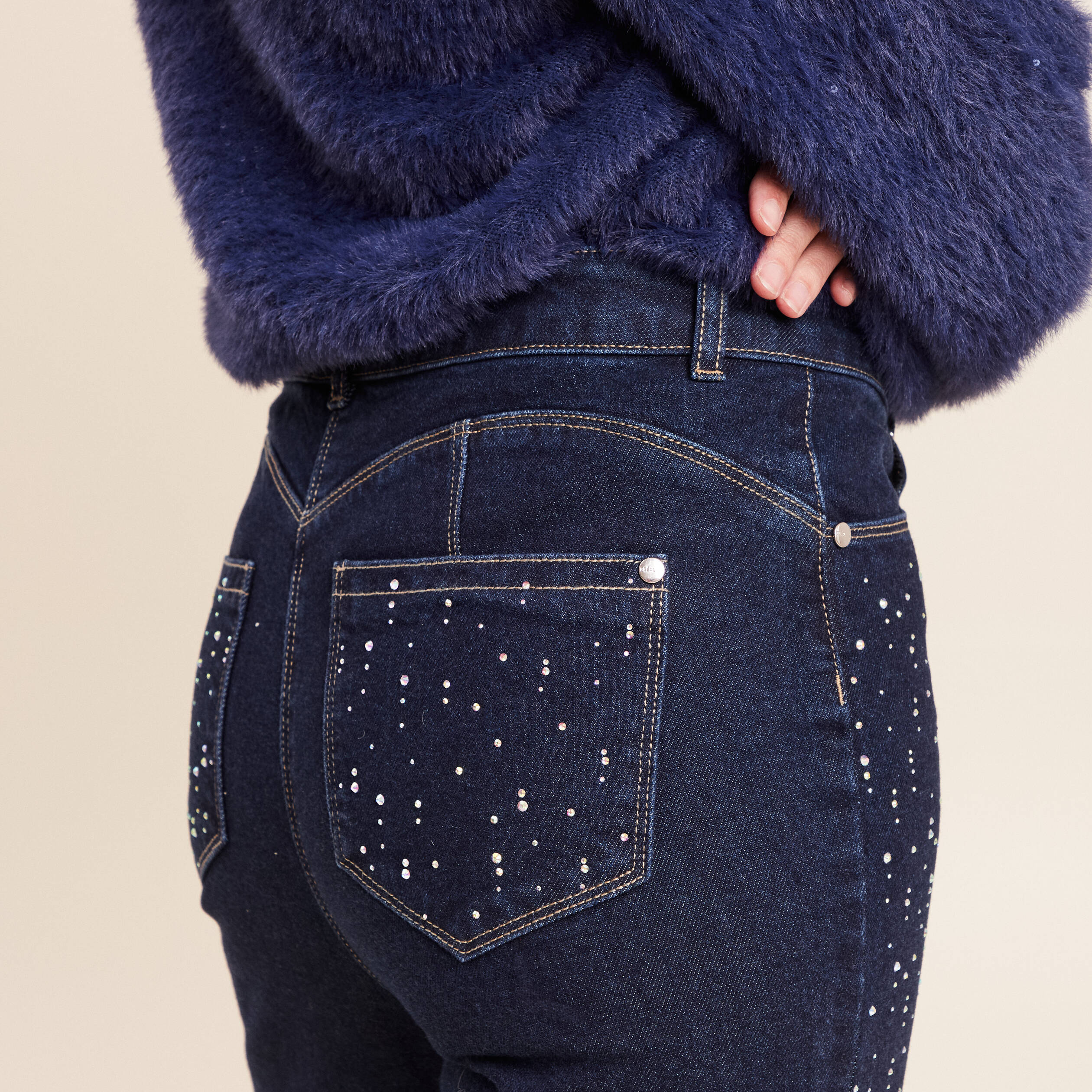 Jean ajusté taille haute 7/8ème strass denim brut femme | Bréal