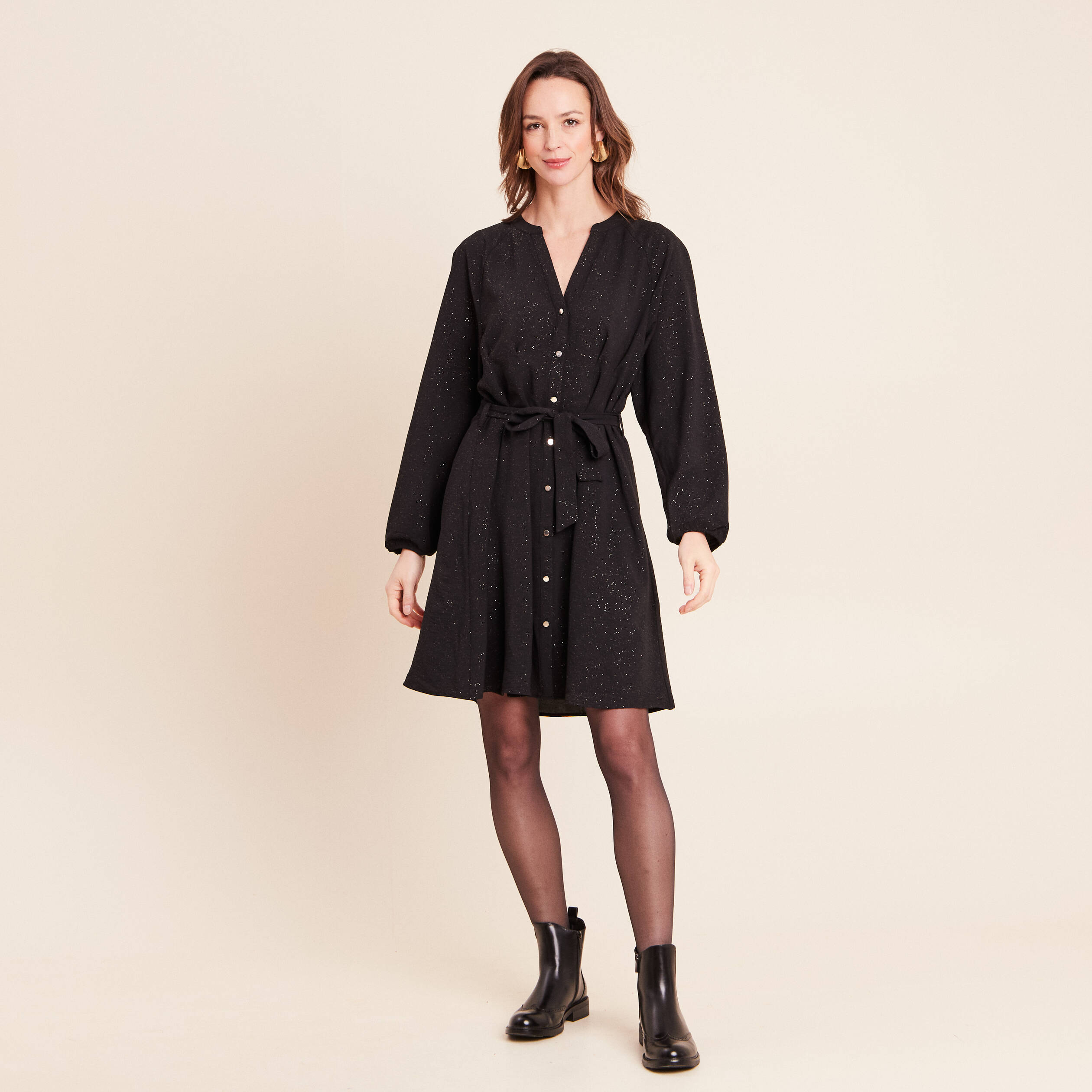 Robe courte col tunisien à paillettes noir femme | Bréal