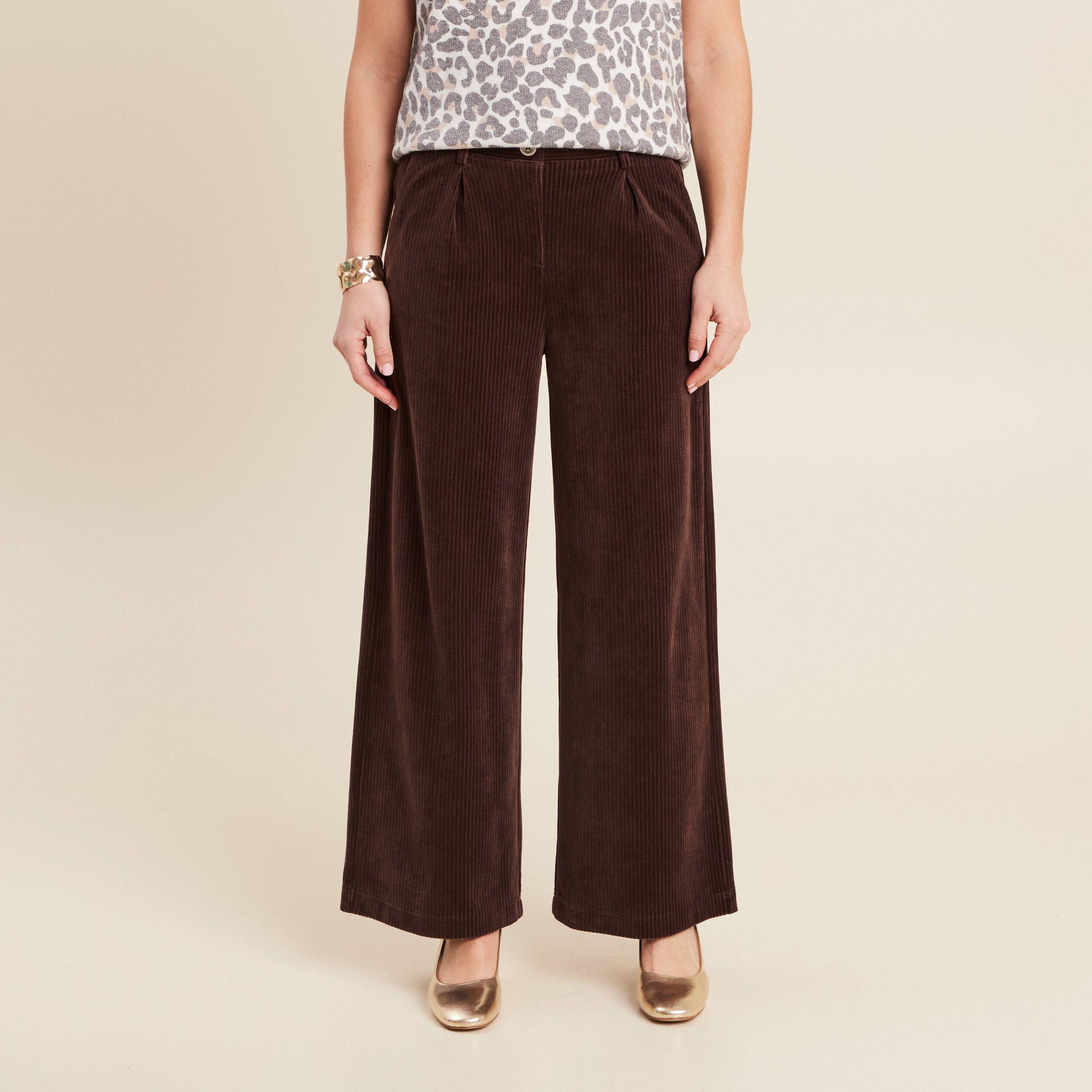 Pantalon large velours marron femme | Bréal