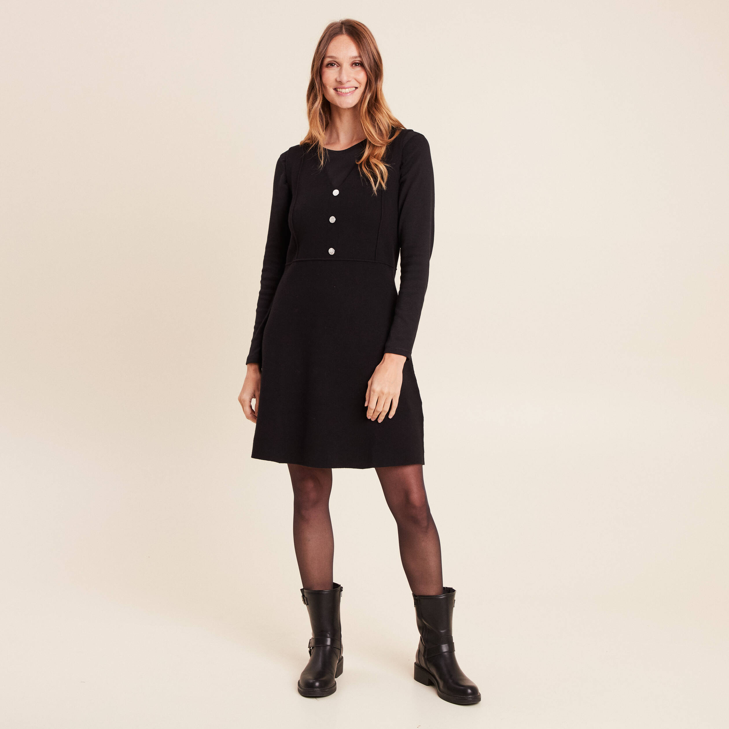 Robe courte évasée col v sans manches noir femme | Bréal