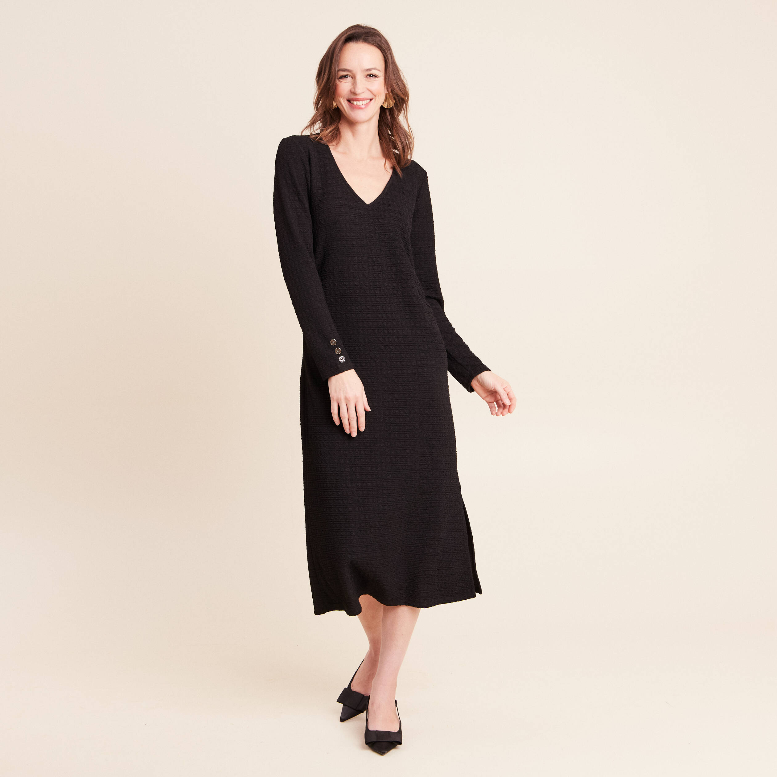 Robe col v manches longues noir femme | Bréal